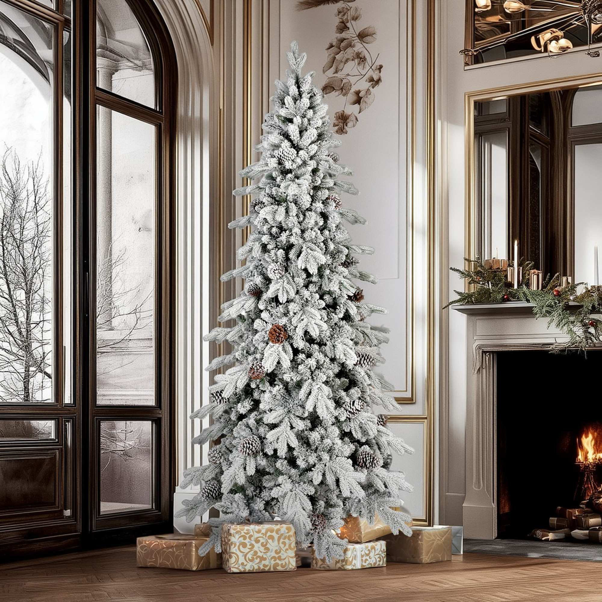 Cabinet Curvature 7.5/8/9FT Flocked Christmas Tree With Pine Cones ...