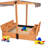 Aivituvin Kids Wooden Outdoor Sandbox W/Canopy, 2 Foldable Bench Seats ...