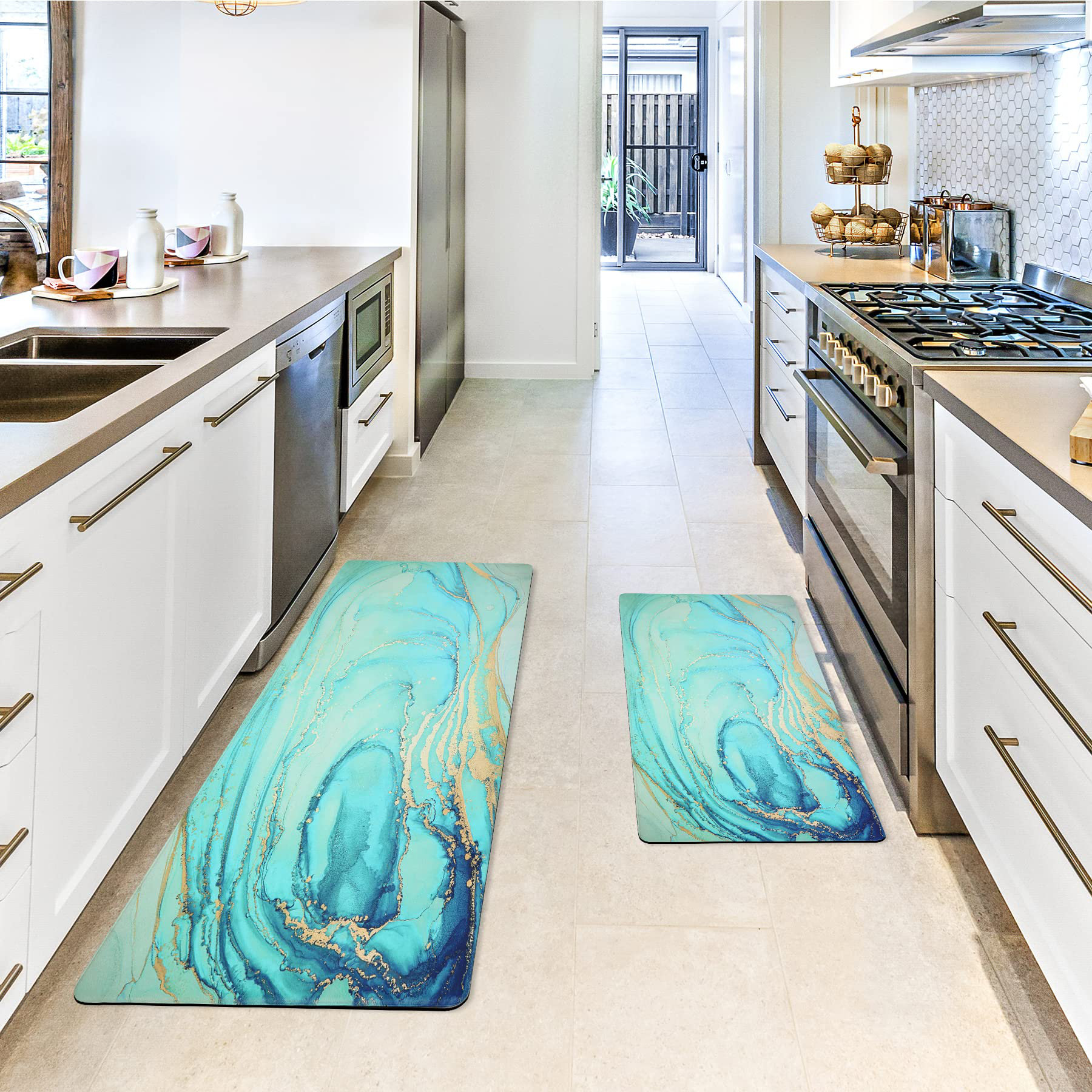 Everly Quinn Kitchen Rugs And Mats Set Of 2 Teal Marble Gold Anti ...