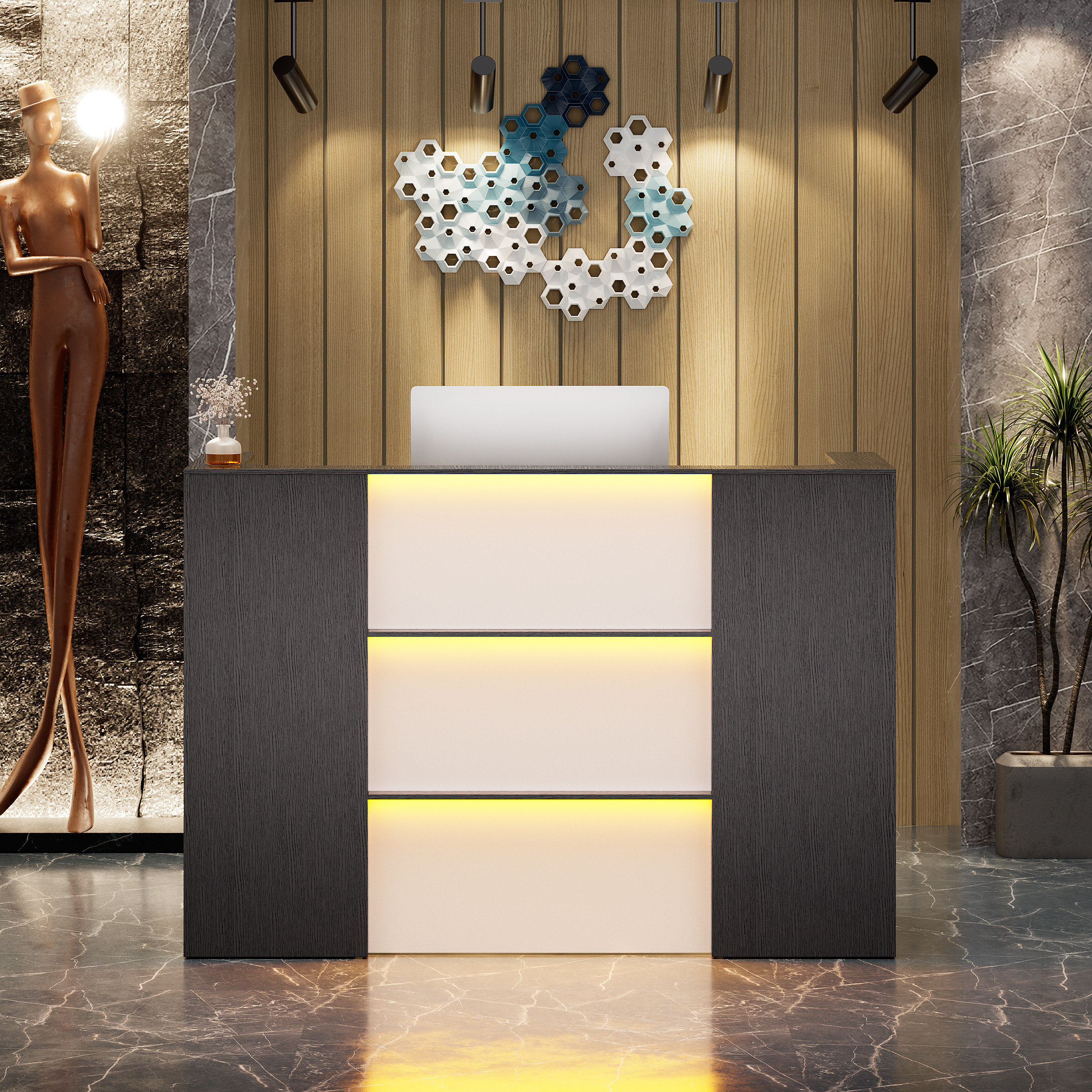 Ebern Designs Modern Reception Desk With Led Lights, 63 Inches Front ...