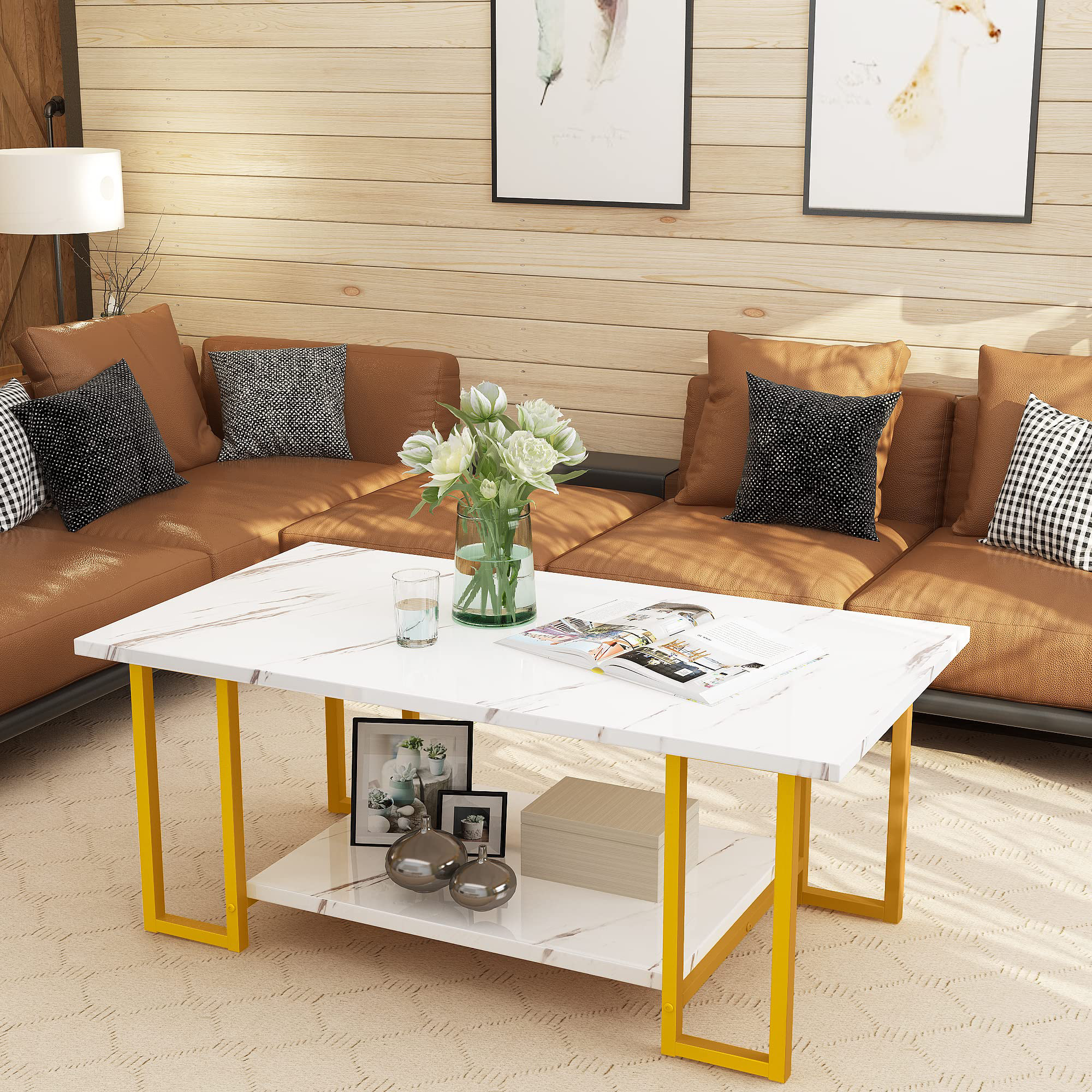 Mercer41 White and Gold Marble Coffee Table with 2 Tiers - Wayfair Canada
