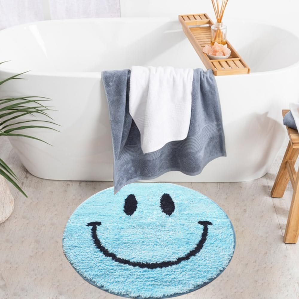 Hokku Designs Blue Bath Mat Rug Funny Happy Cute Bathroom Decor Face ...