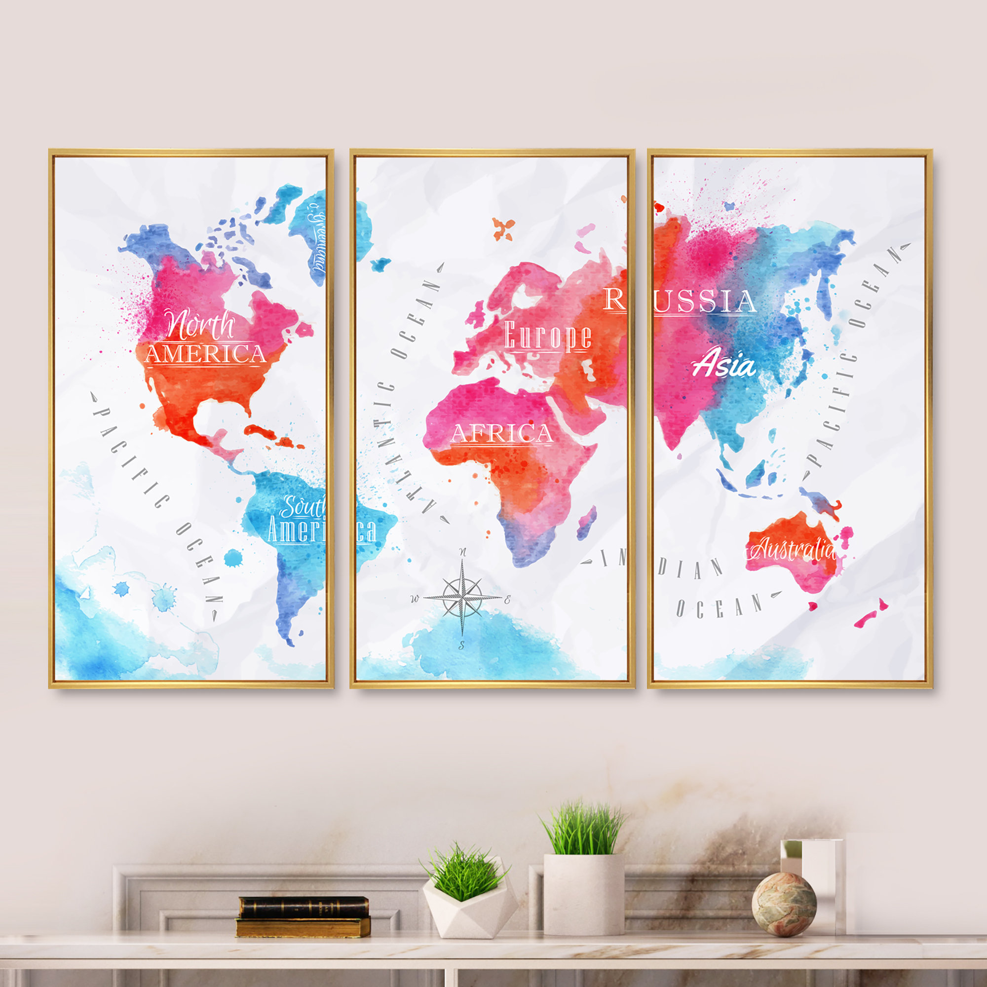 Longshore Tides World Map - 3 Piece Floater Frame Print on Canvas ...