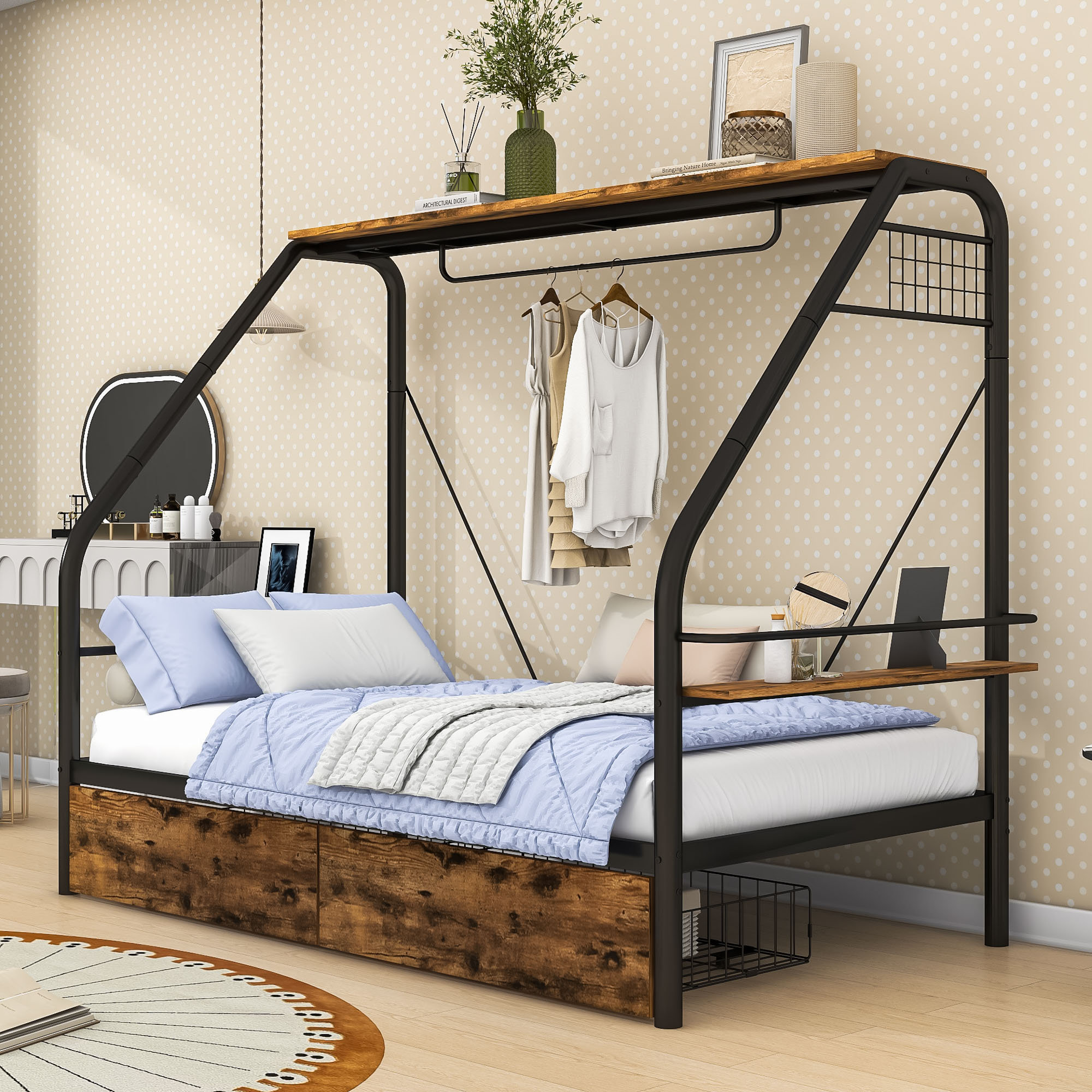 17 Stories Metal Frame Platform Bed with Clothes Rack and Storage ...