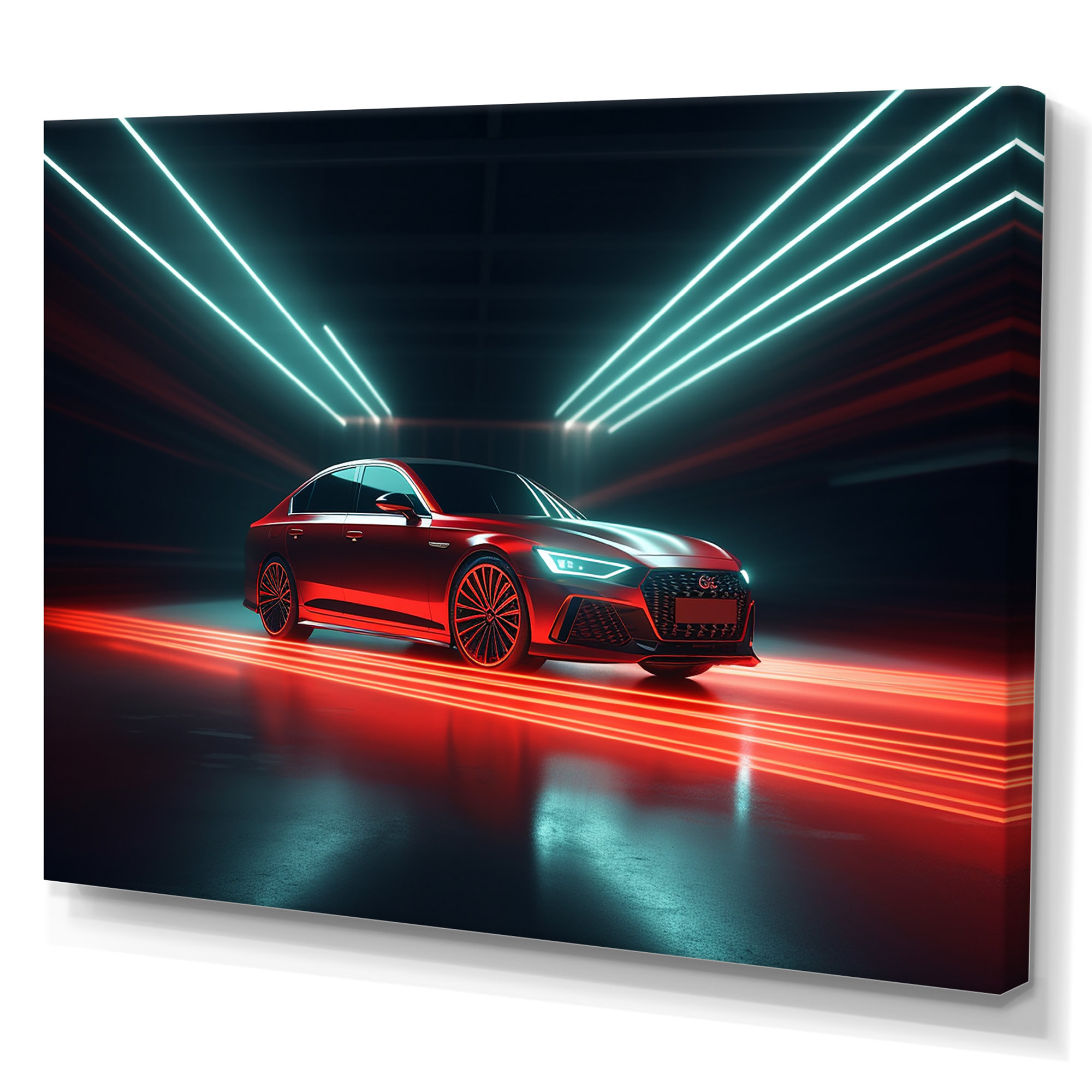 Design Art Neon Light Strips Around Red Sedan On Canvas Print | Wayfair