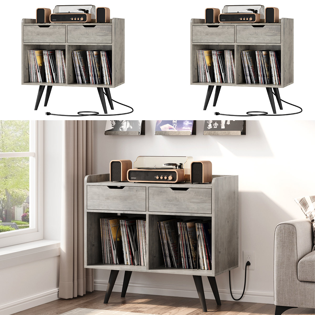 Rebrilliant Croce Record Player Table Stand with Storage Drawers | Wayfair