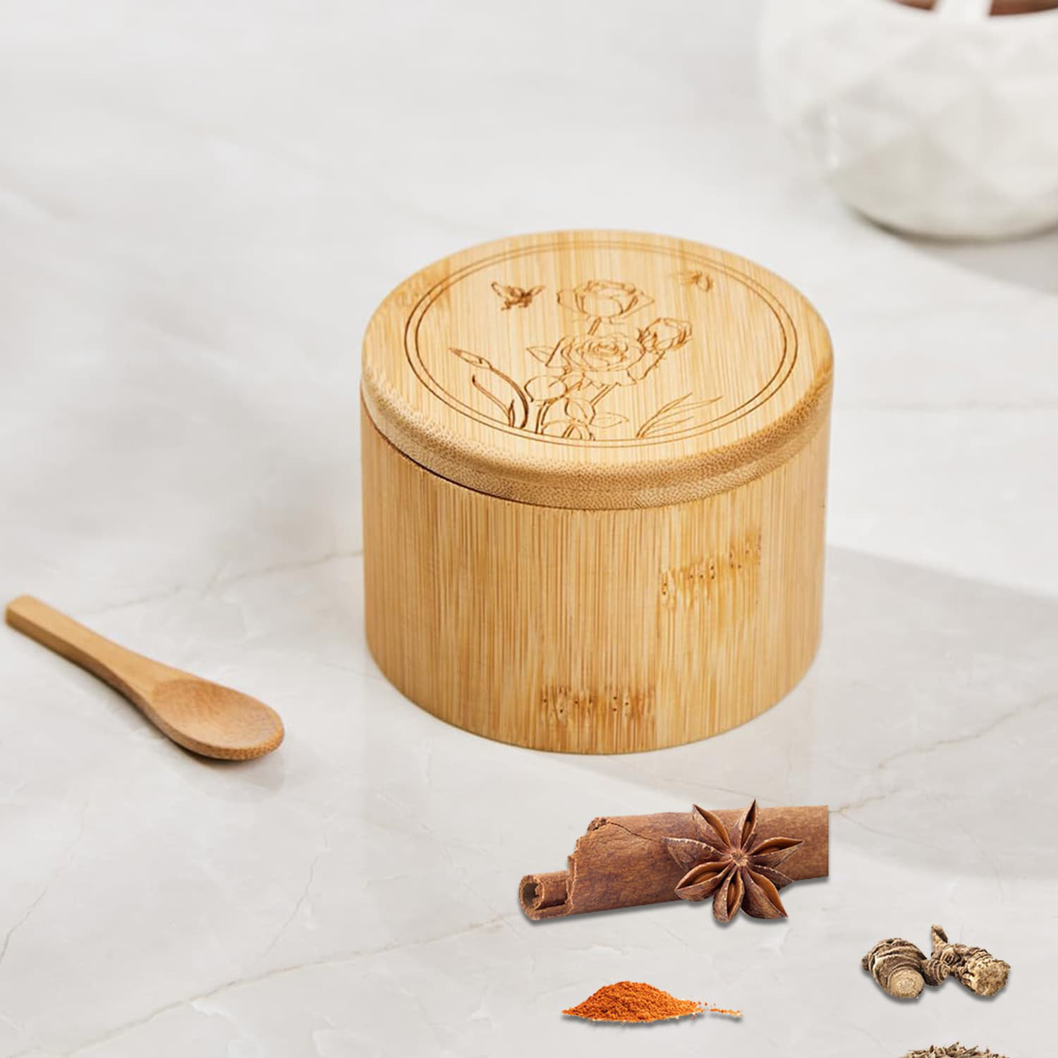 Lark Manor™ Seasoning Jar, Bamboo Salt Box, Salt Container With Spoon ...
