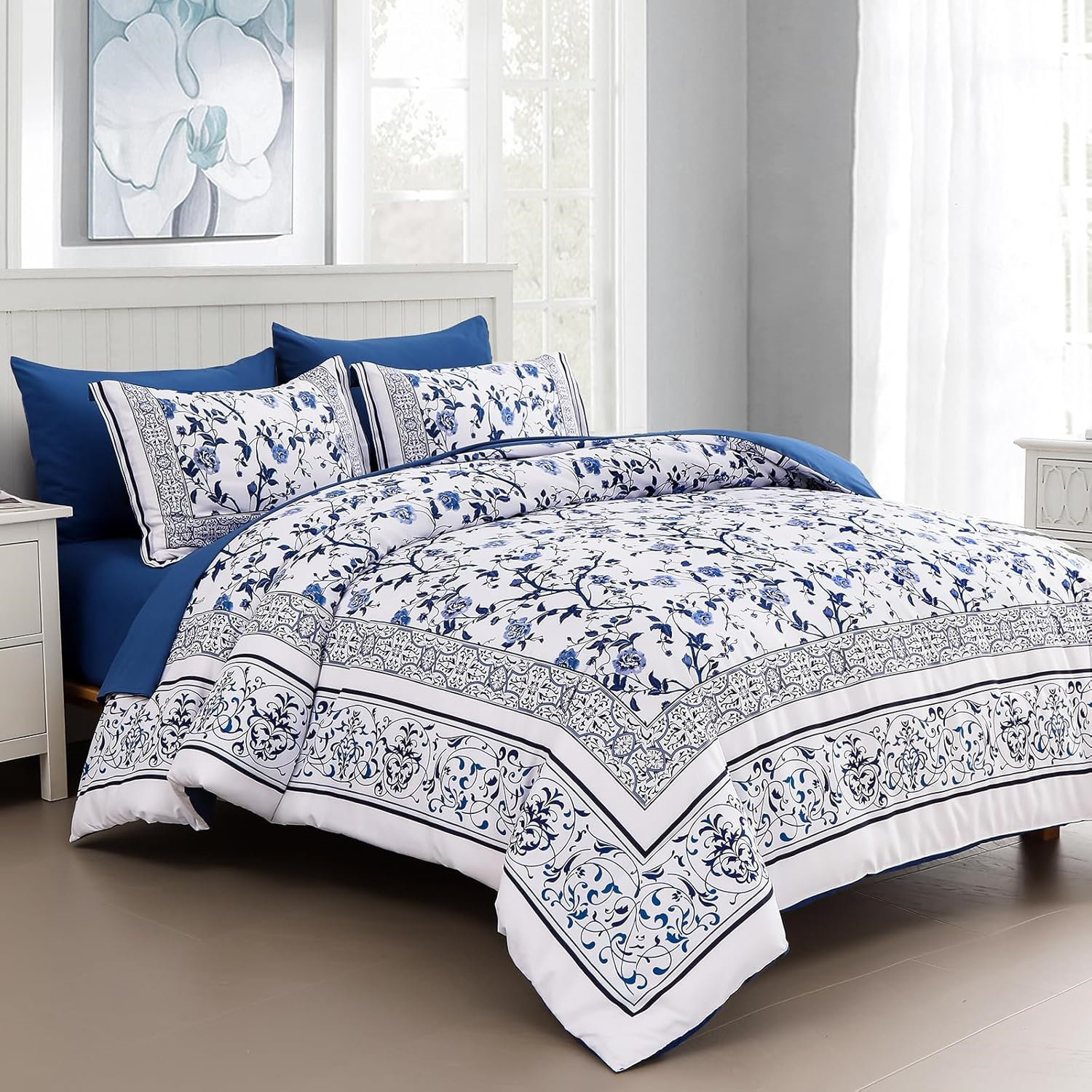 water bed outlet A King Size Comforter Set, Blue Flowers On Botanical ...