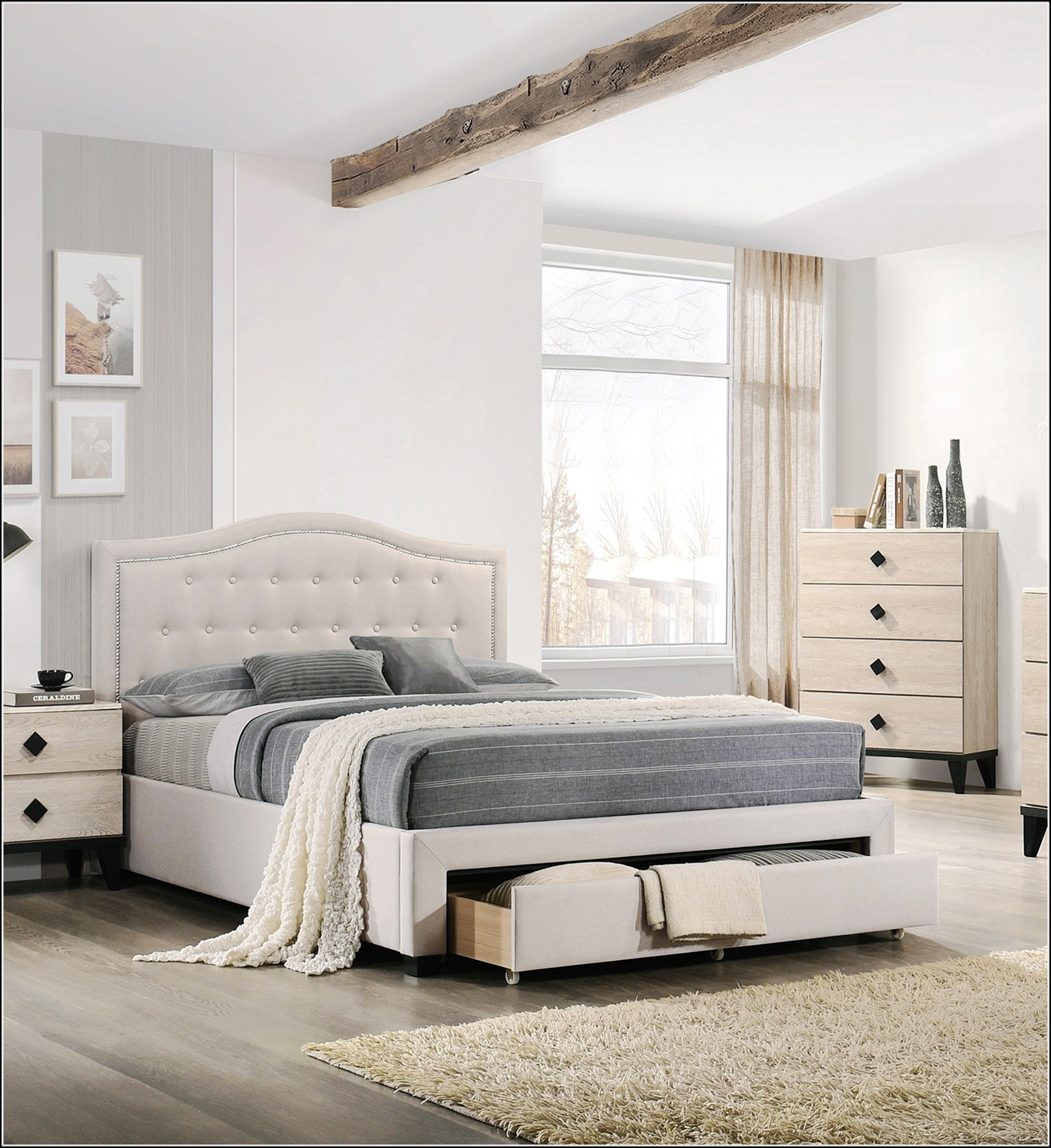 Rosdorf Park Burlap Fabric 1Pcs Bed W Drawer Button Tufted Arch Design ...