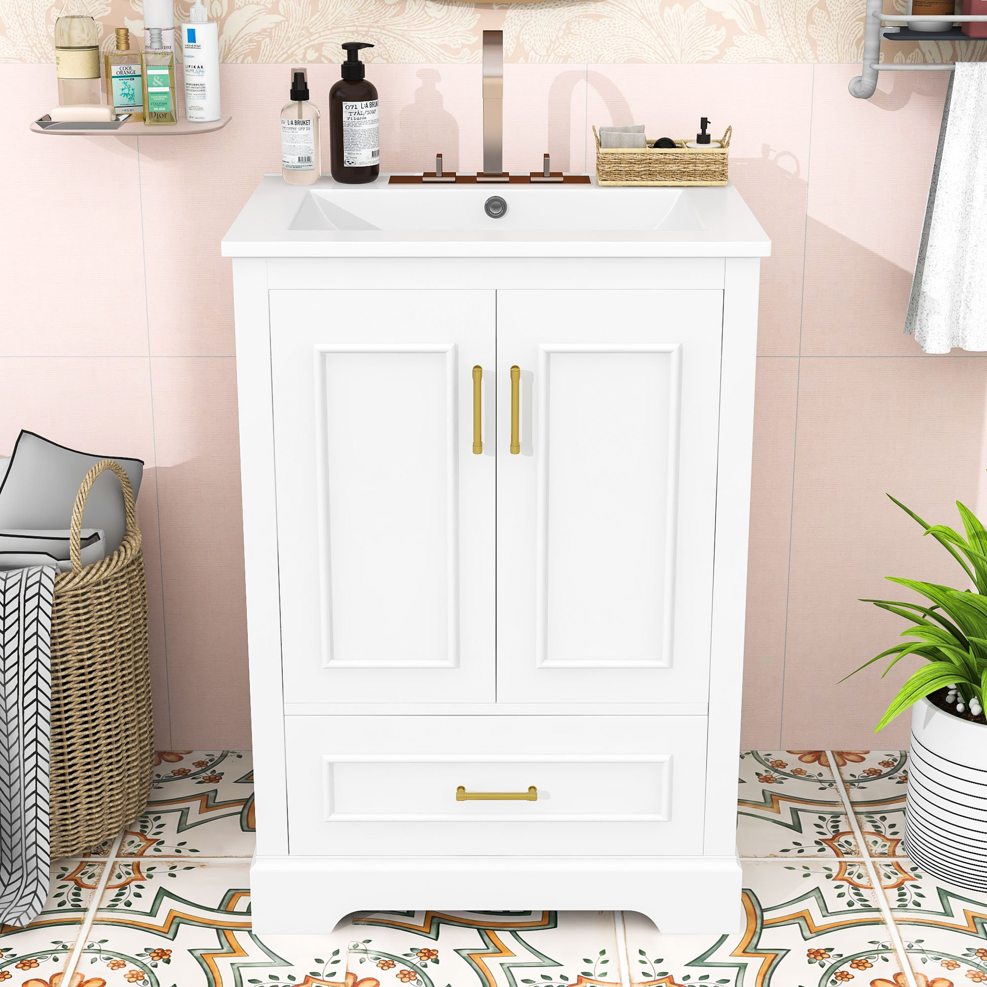 Winston Porter Compact Bathroom Vanity with Ceramic Sink, Drawer and ...