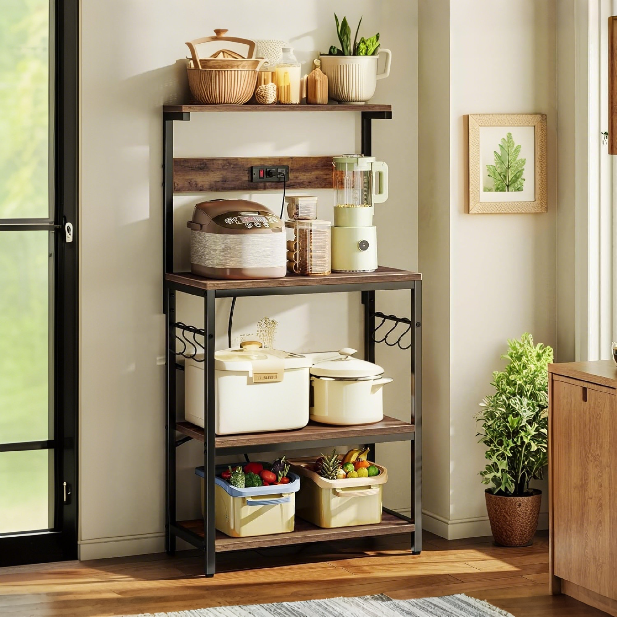 INTEGATOIC LLC Rustic Kitchen Bakers Rack With Power Outlets For Small ...
