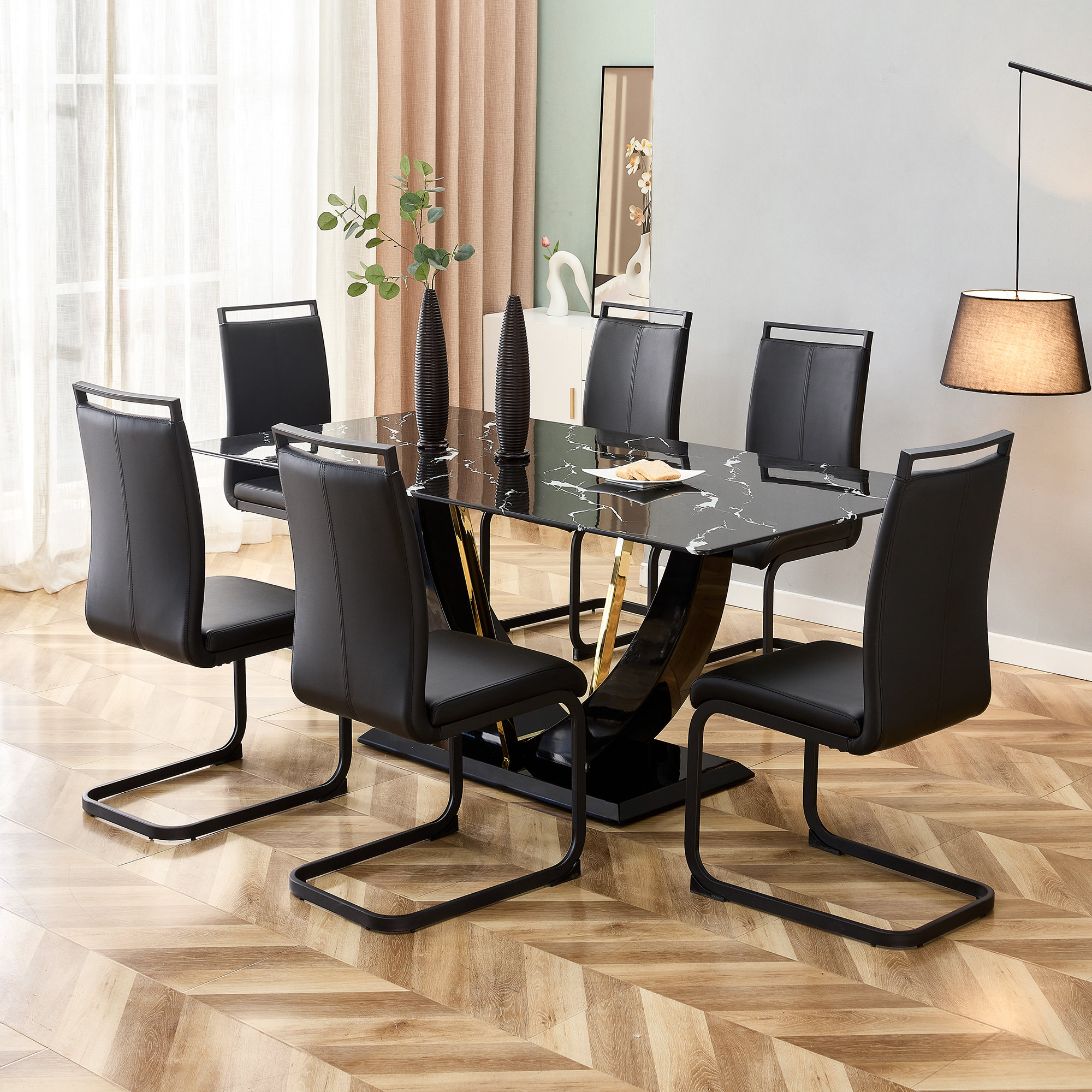 Orren Ellis Modern Dining Table And Chair Set With Patterned Top, Black ...