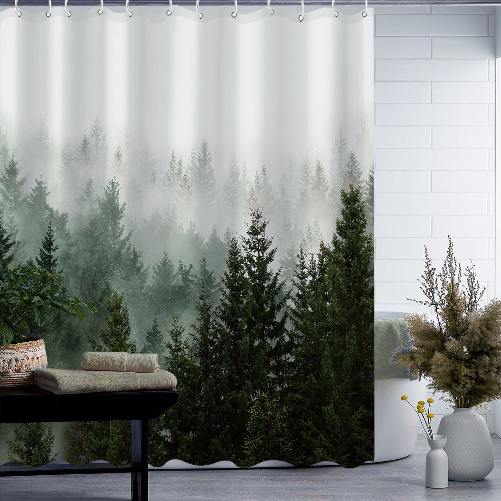 East Urban Home Green Misty Forest Shower Curtain Nature Tree Fabric ...