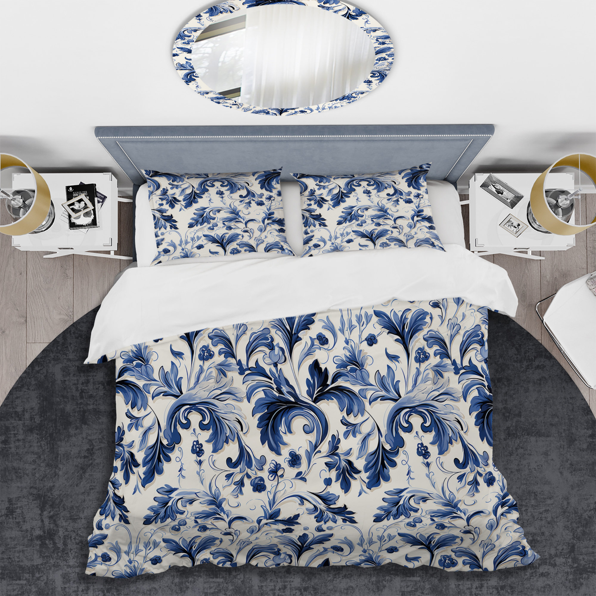Design Art Regal Cobalt Blue Damask Victorian Pattern Duvet Cover Set ...