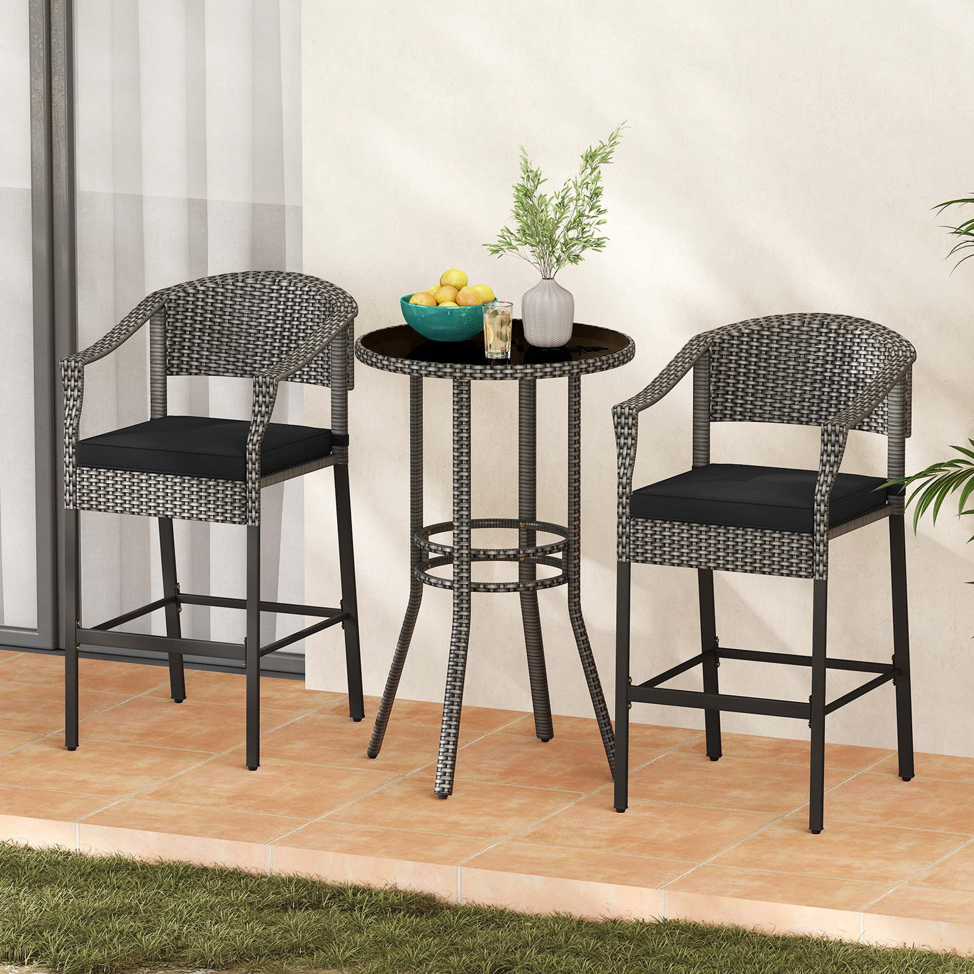 Lark Manor 3-piece Patio Rattan Bar Set Wicker Bar Height Armchairs ...