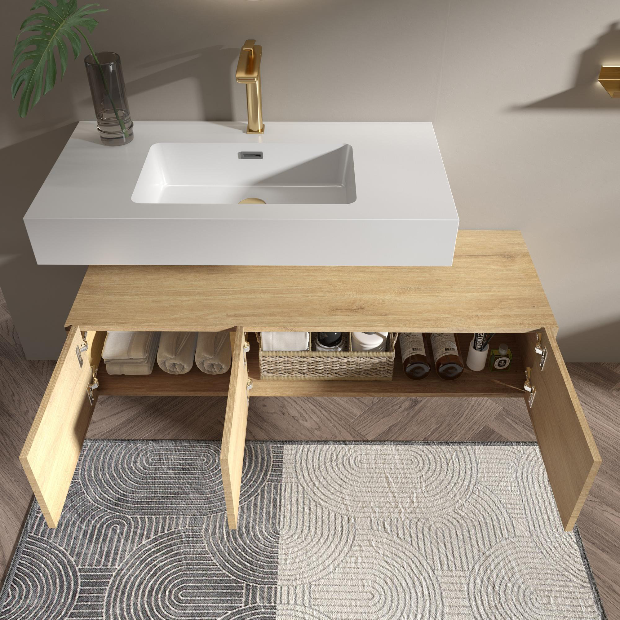 George Oliver Floating Bathroom Sink with Storage Cabinet, Natural Oak ...