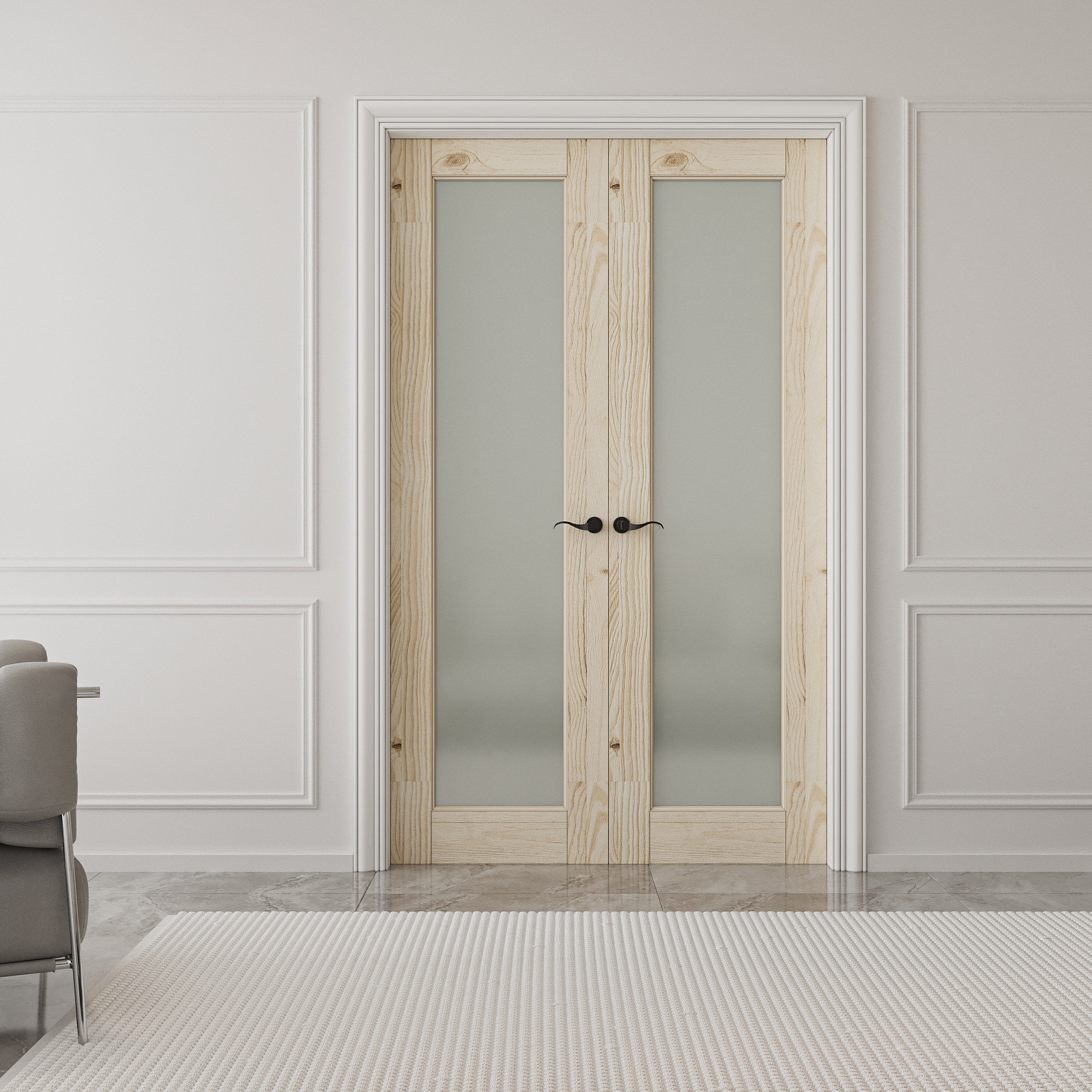 ARK DESIGN 1-Lite Frosted Glass Primed French Doors White Pine Double ...