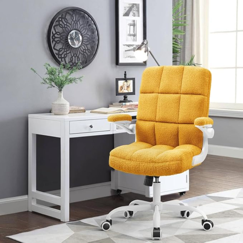 Orren Ellis SEATZONE Ergonomic Office Chair Yellow Teddy Velvet Fabric Computer Desk Chairs ...