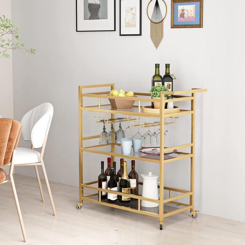 Everly Quinn Gold Bar Carts with 3 Tier Glass Shelves, | Wayfair