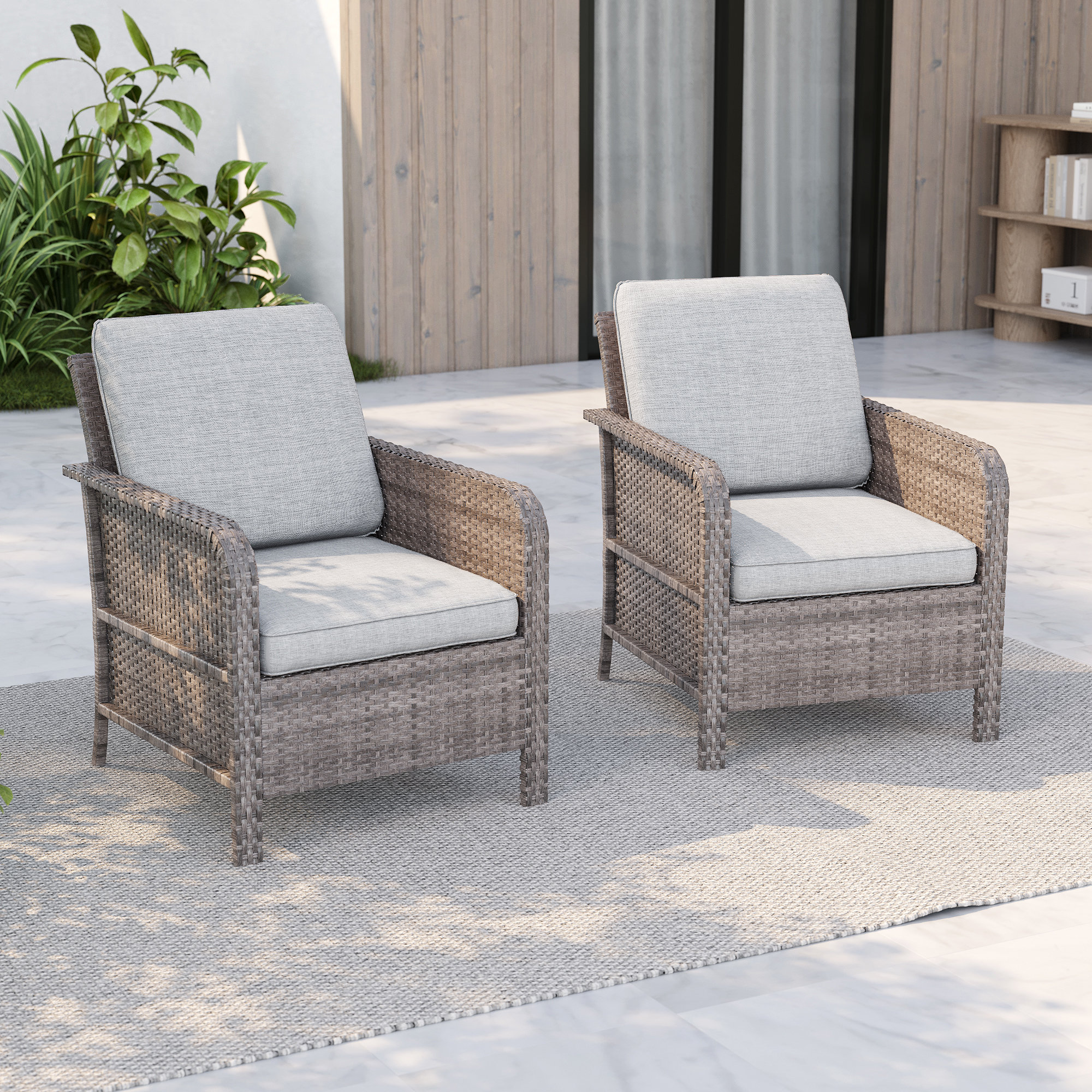 Ebern Designs 2 Piece Patio Wicker Chairs Set, PE Rattan Chair, Wicker ...