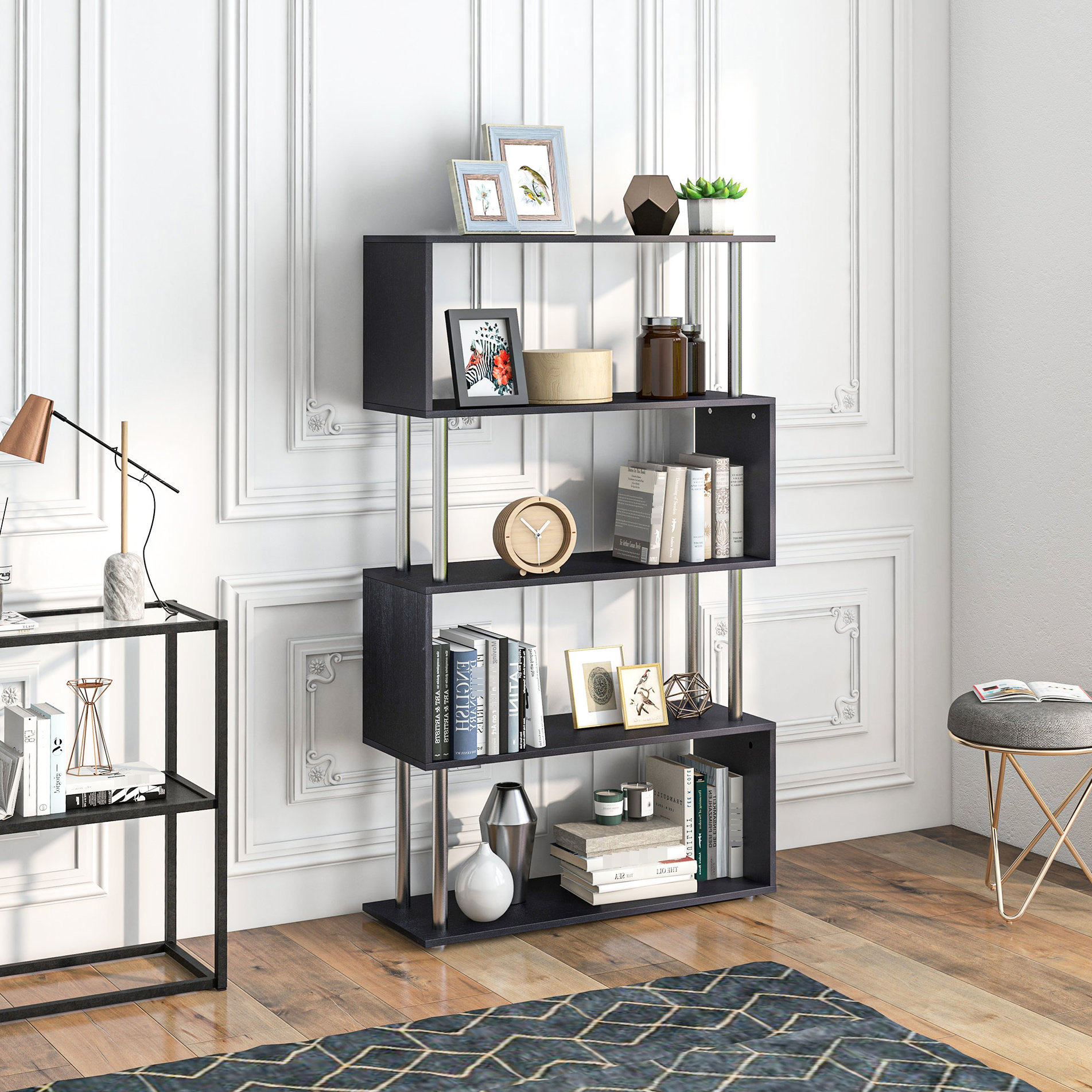 Wovilo Black S-shaped 5 Tier Room Divider Bookcase, Wooden Shelf For ...