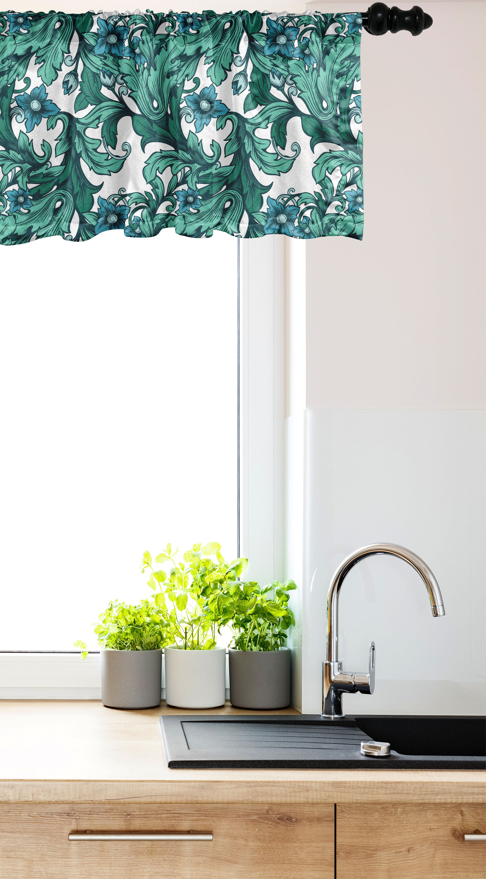 Ambesonne Botanical Valance Pack of 2 Art Deco Style Curvy Art Sea Blue ...