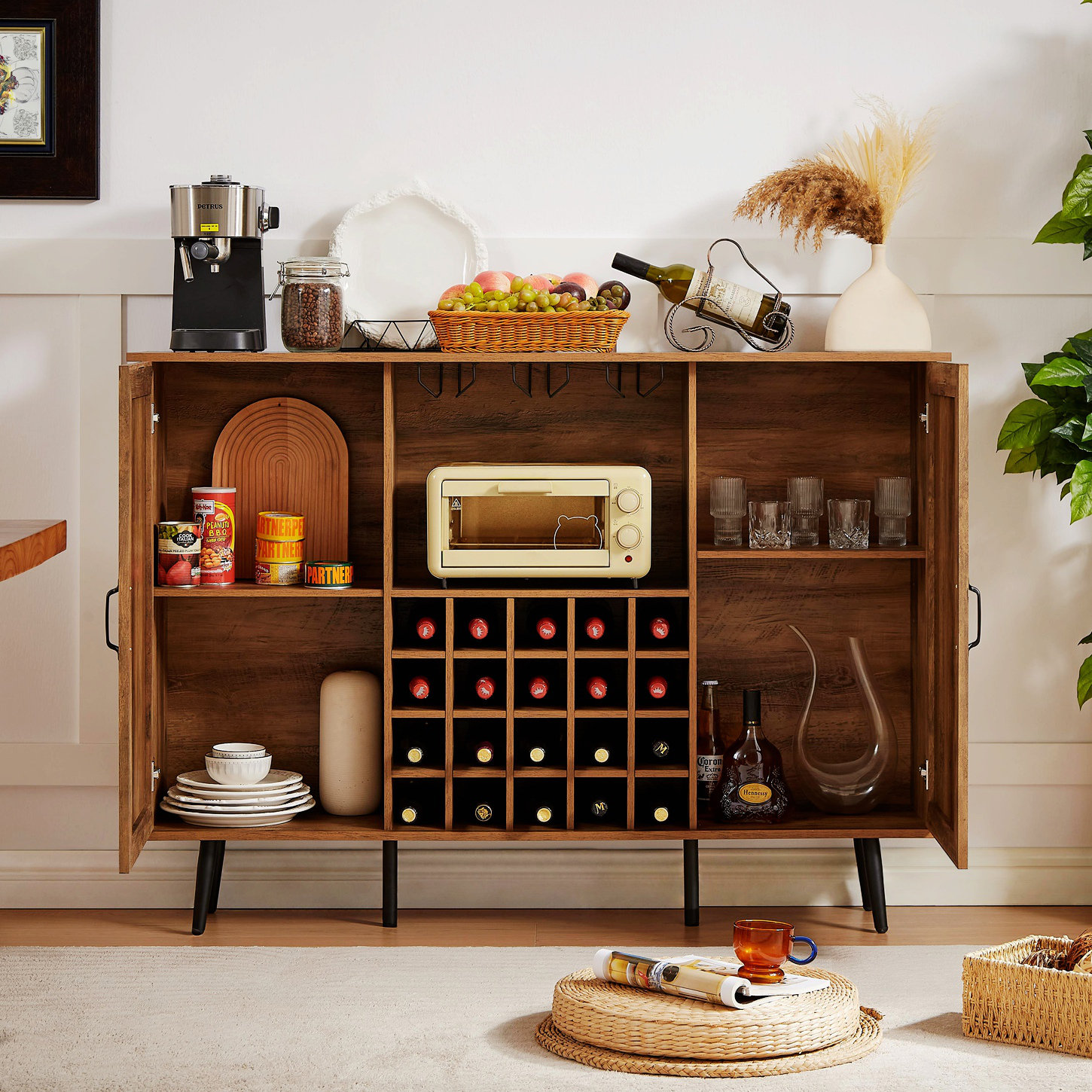 Gracie Oaks Faux Rattan Barn Door Wine Cabinet With Wine Rack, Double ...