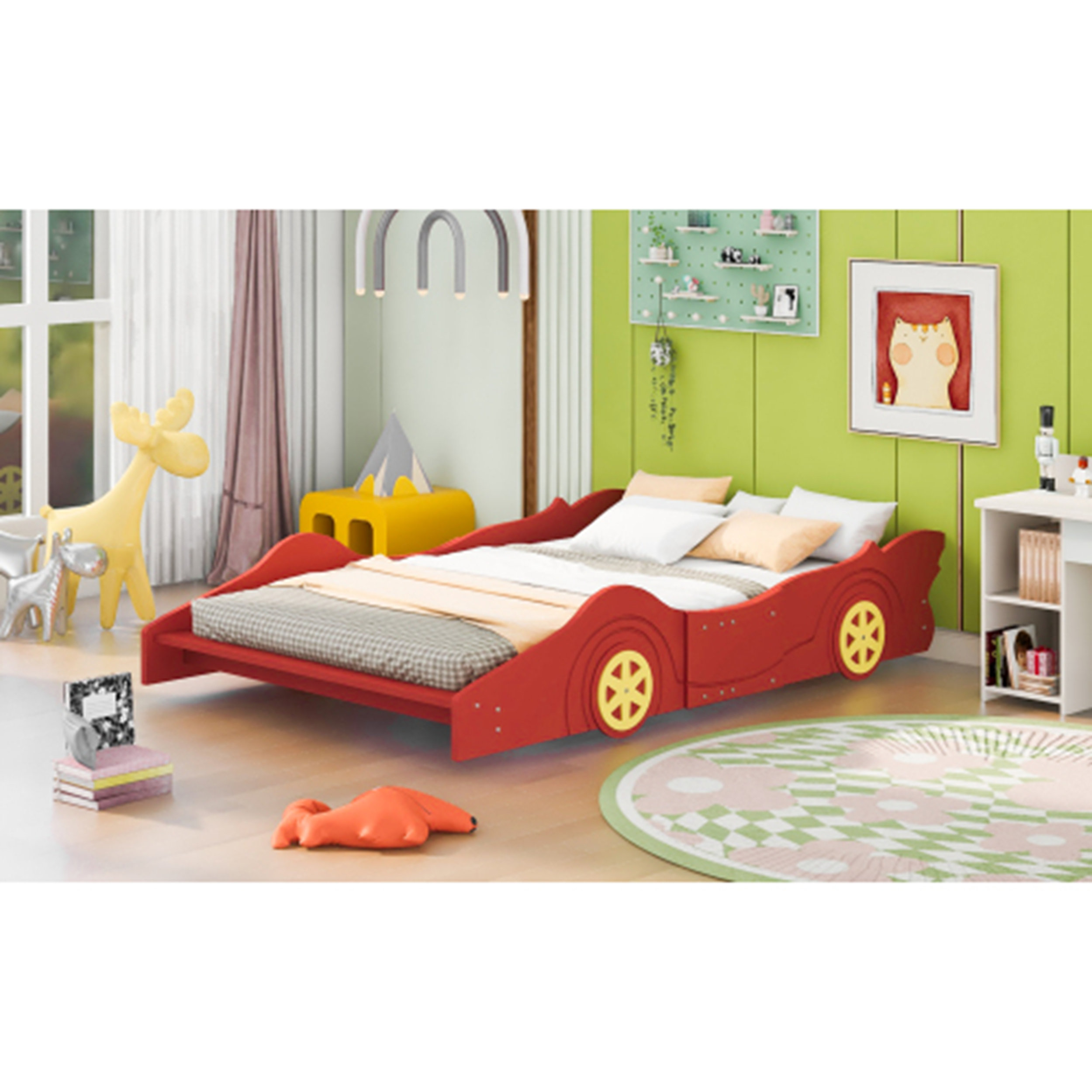 Ivy Bronx Full-Size Race Car-Inspired Platform Bed with Rolling Wheels ...
