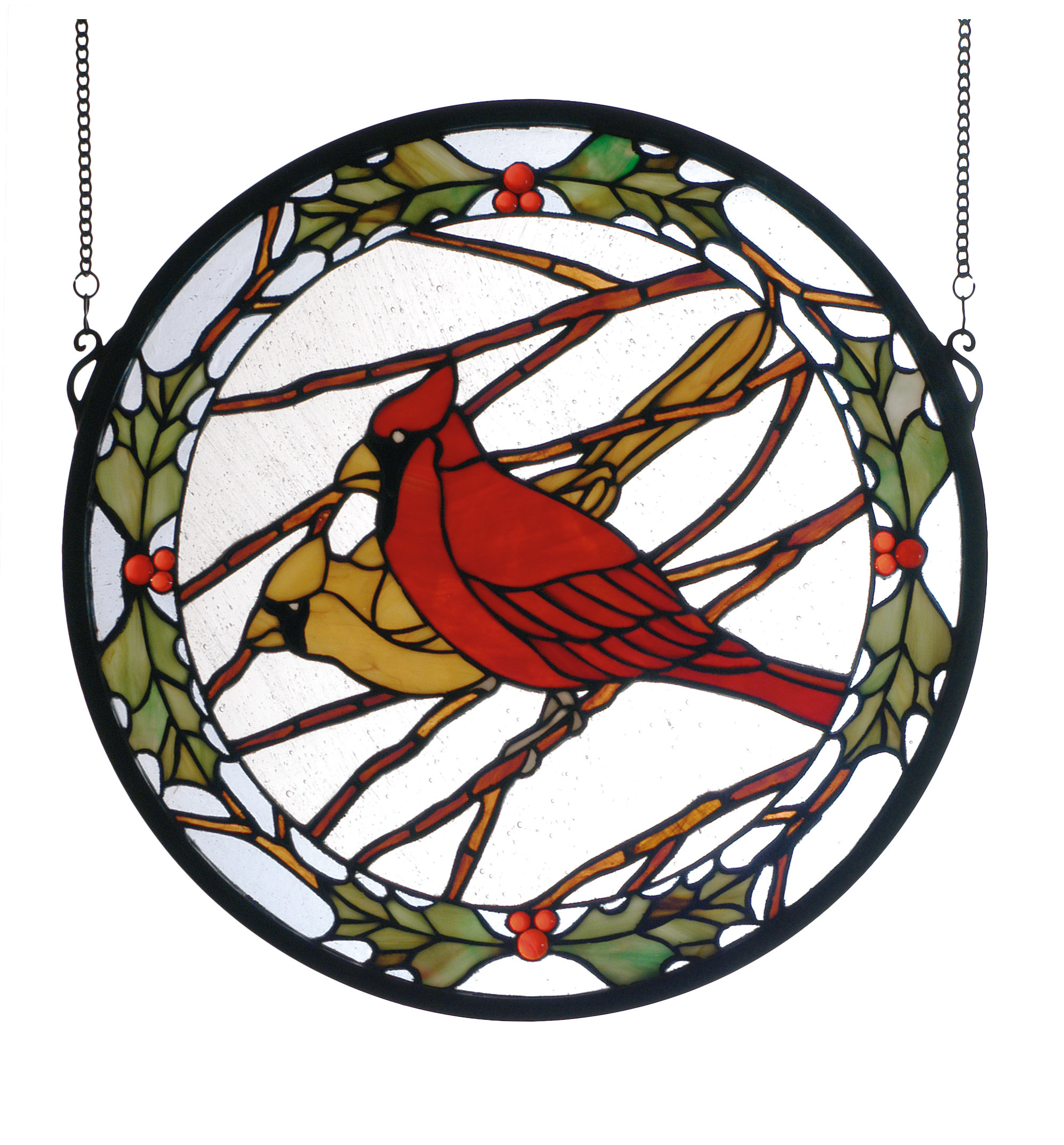 Meyda Lighting Cardinals and Holly Medallion Stained Glass Window | Wayfair