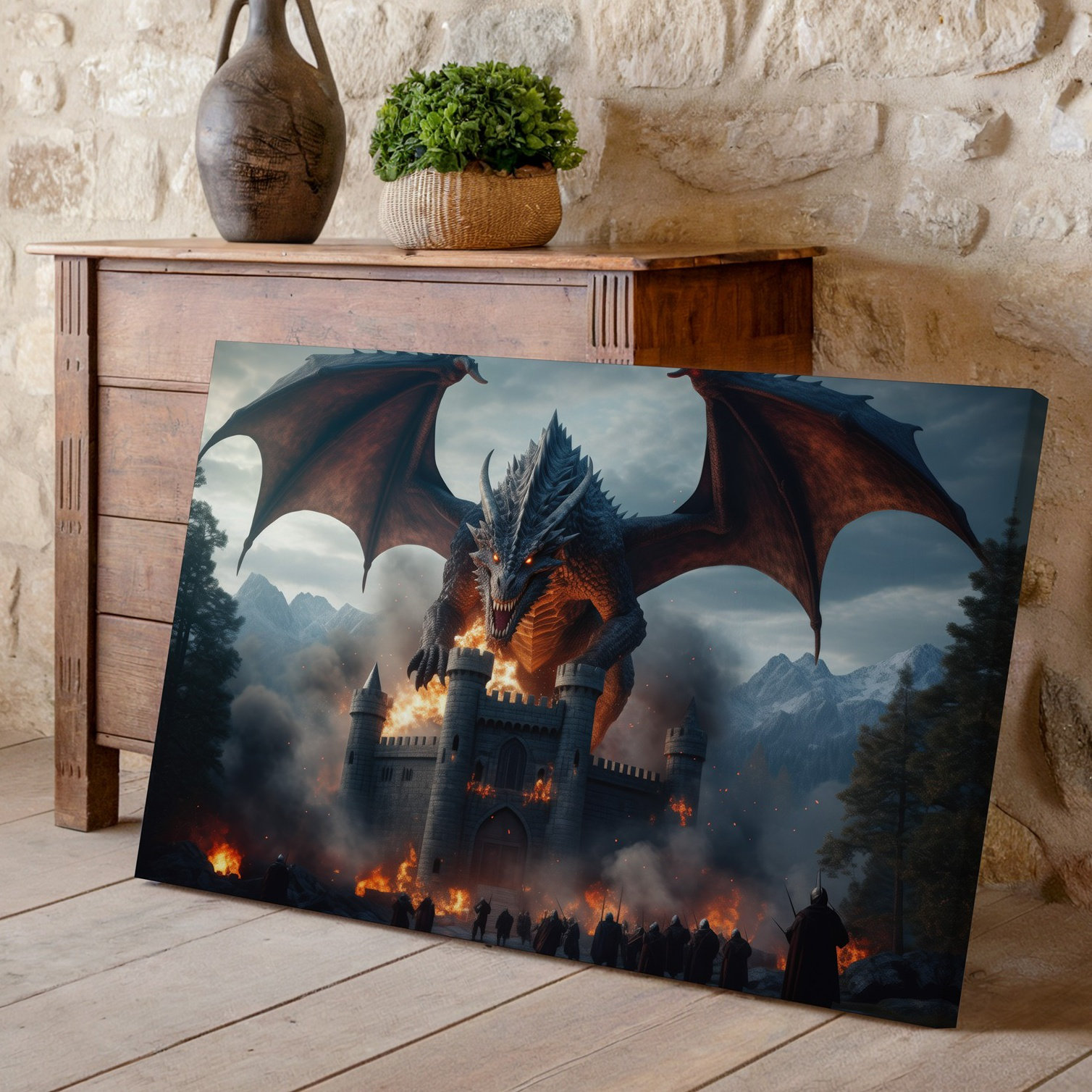 Winston Porter Canvas A Colossal Dragon With Dark Scales And Glowing ...