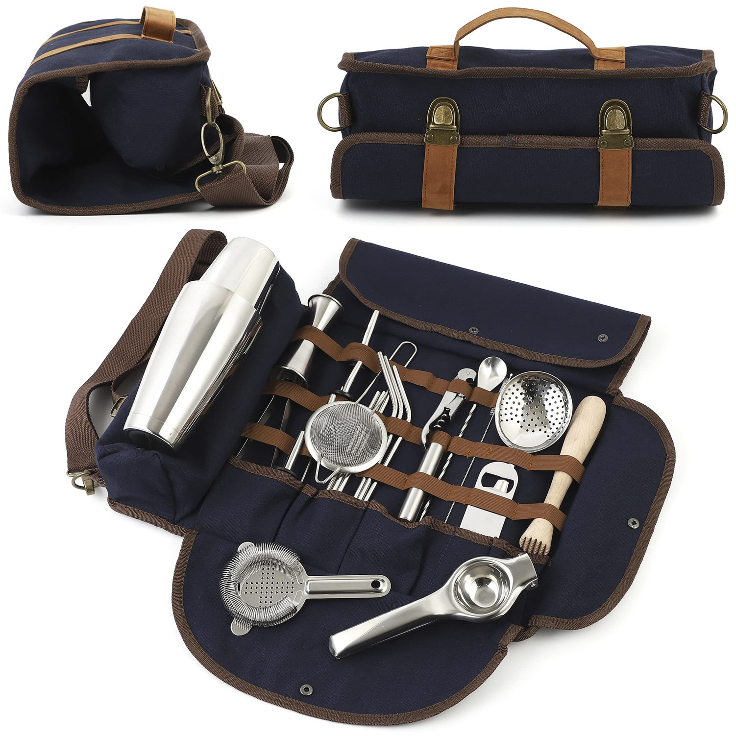 Prep & Savour Houseables Brown Bartender Kit - Complete 23-Piece Set With Durable Travel Bag ...