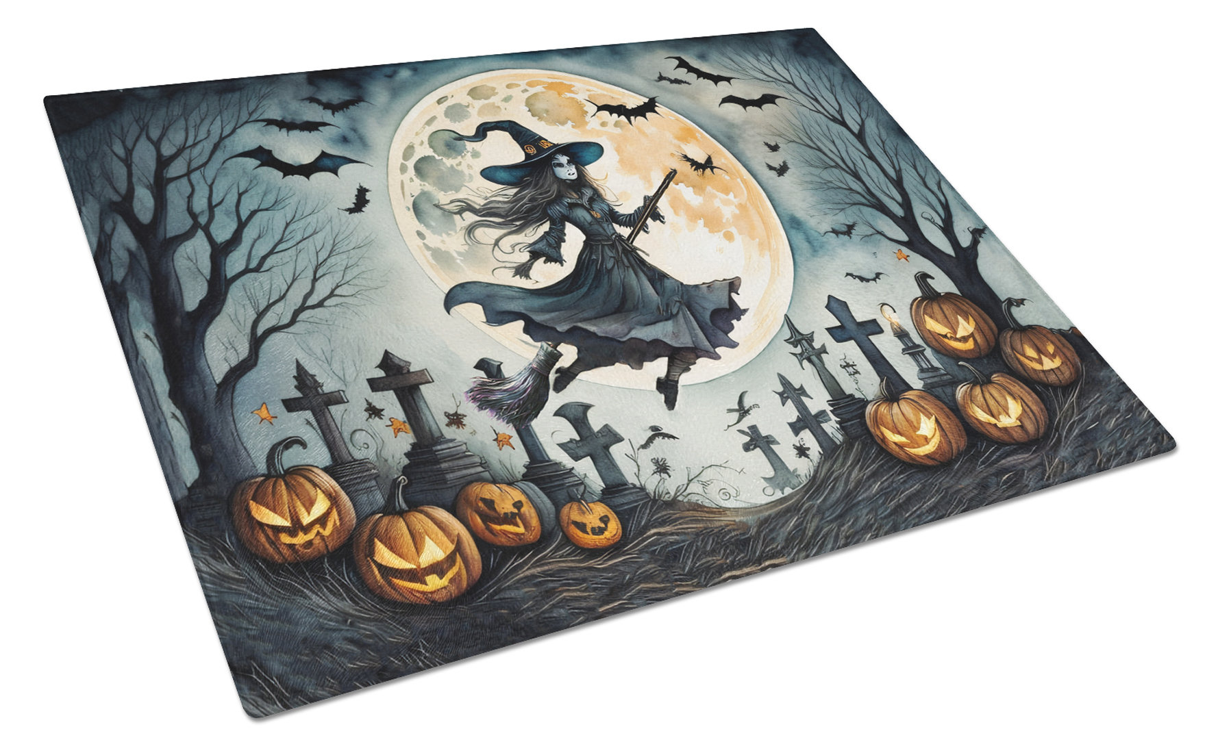 Caroline's Treasures Flying Witch Spooky Halloween Glass Cutting Board ...