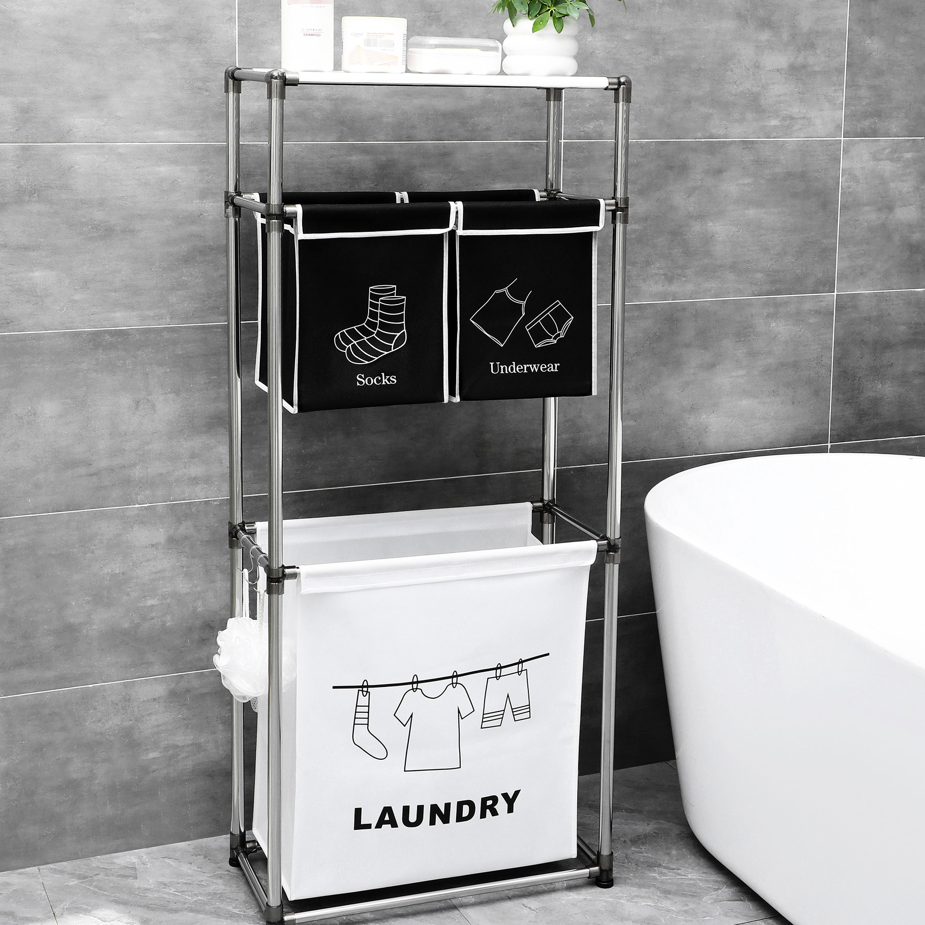 Rebrilliant 4 Removable Bags Laundry Hamper, 3 Tier, Waterproof , Iron Frame, Convenience Black ...