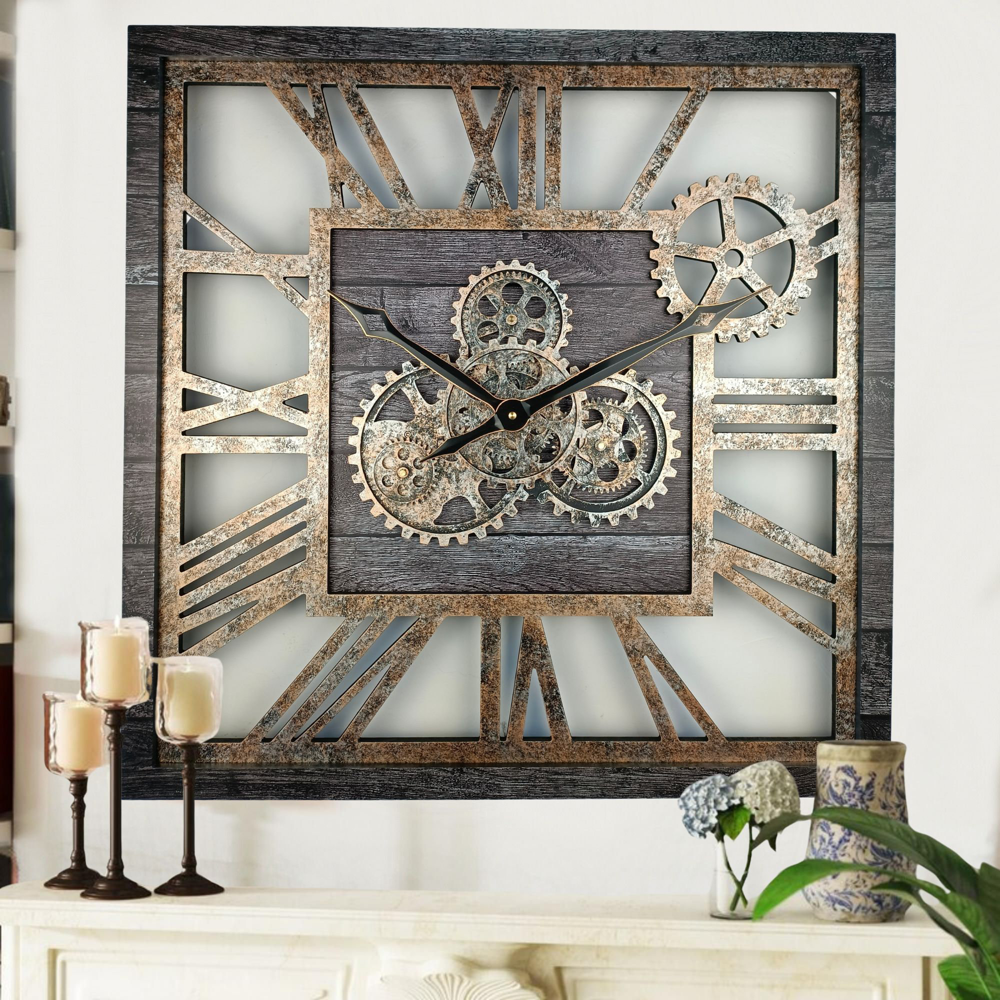 The Gears Clock Wall Clock 24" Square Oversized for Living Room decor ...