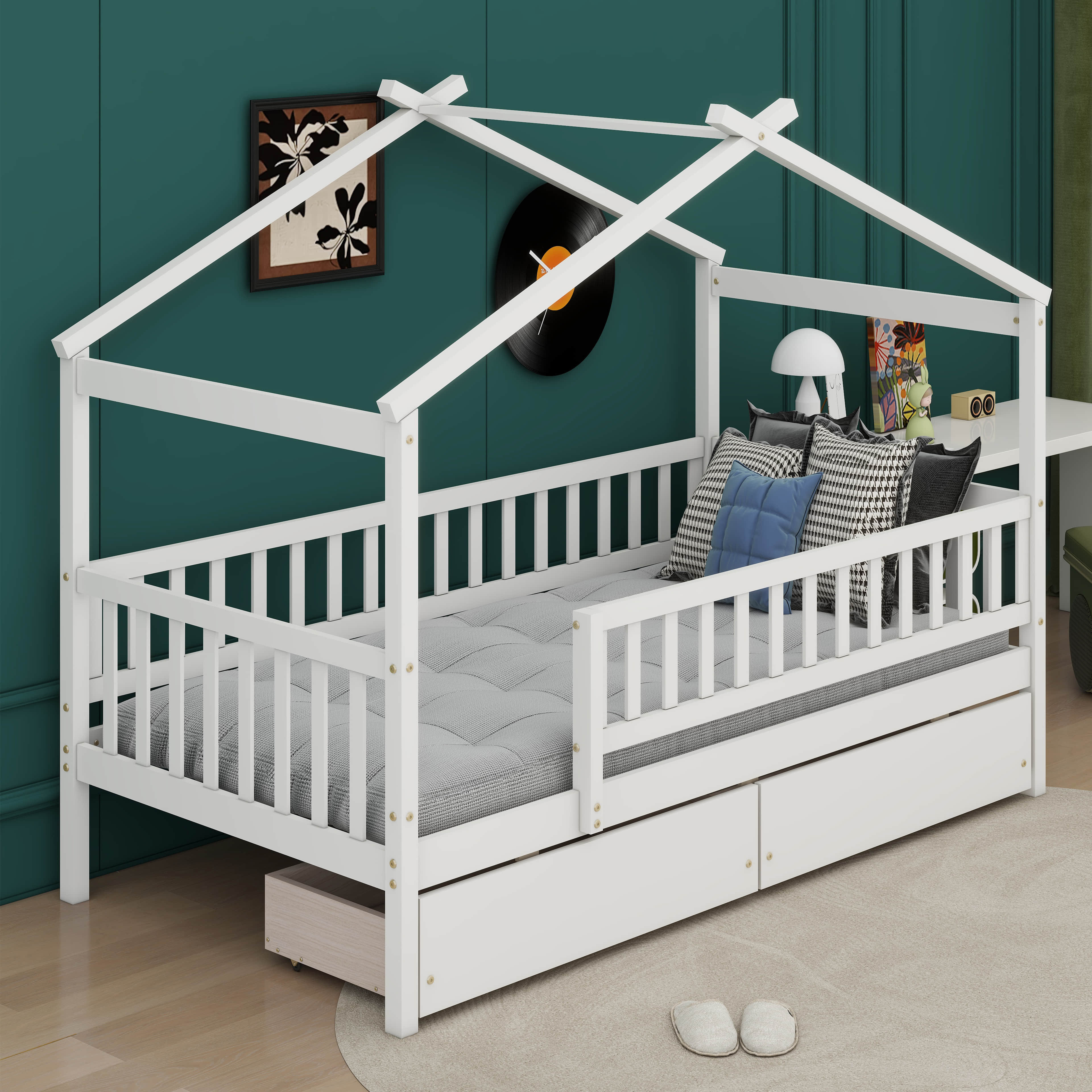 Harper Orchard Alfanette Twin Size Wooden House Bed With Two Drawers ...