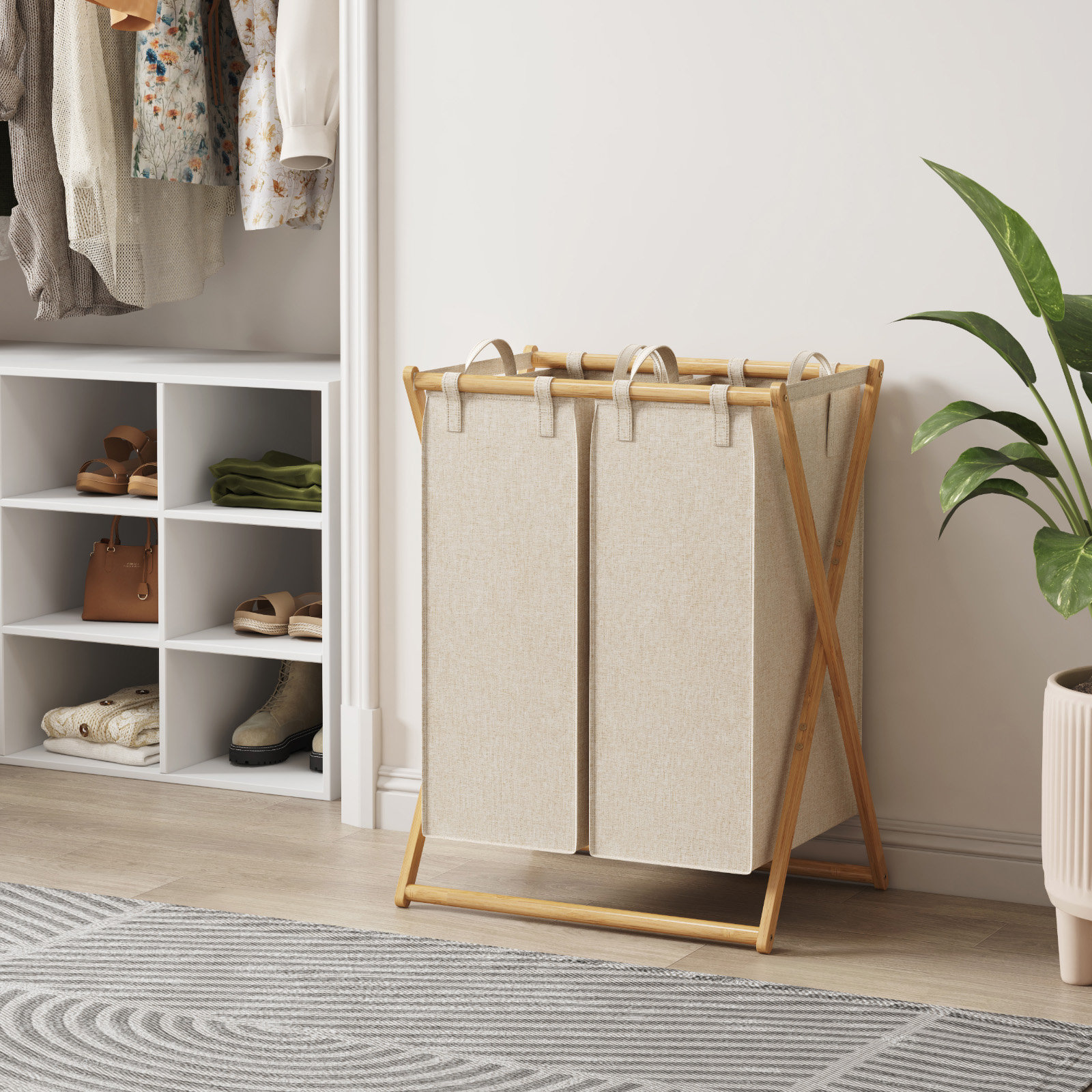 Ebern Designs 120l Large Laundry Hamper 2 Section, Collapsible Bamboo X ...