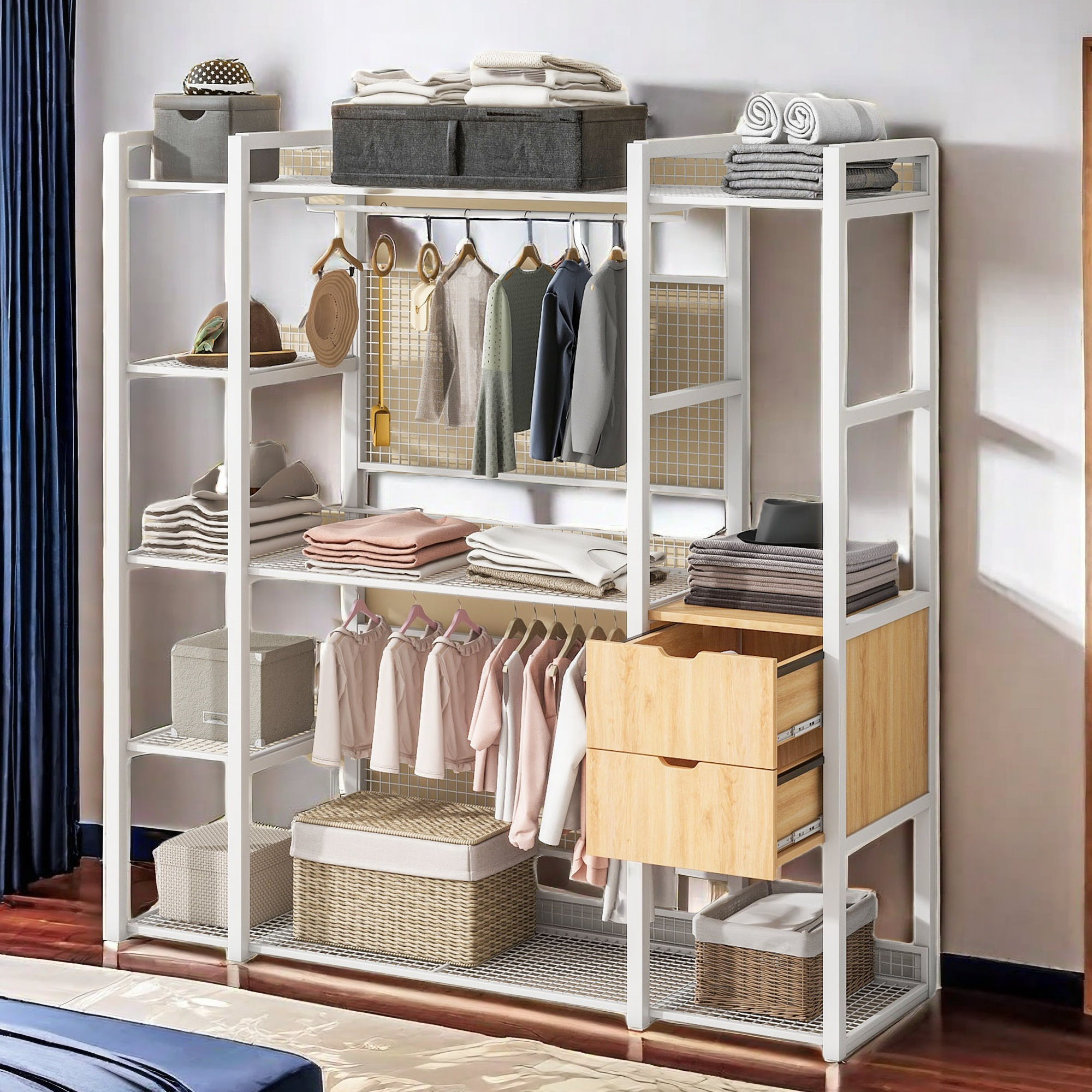17 Stories Open-style Metal Wardrobe With Hanging Rails, Shelves And 2 ...