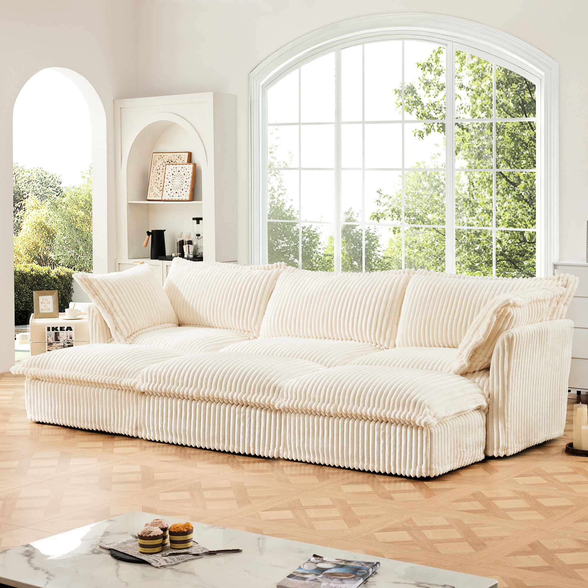 Hokku Designs Living Room Delight 3 With 3 Ottomans, Cream Corduroy ...