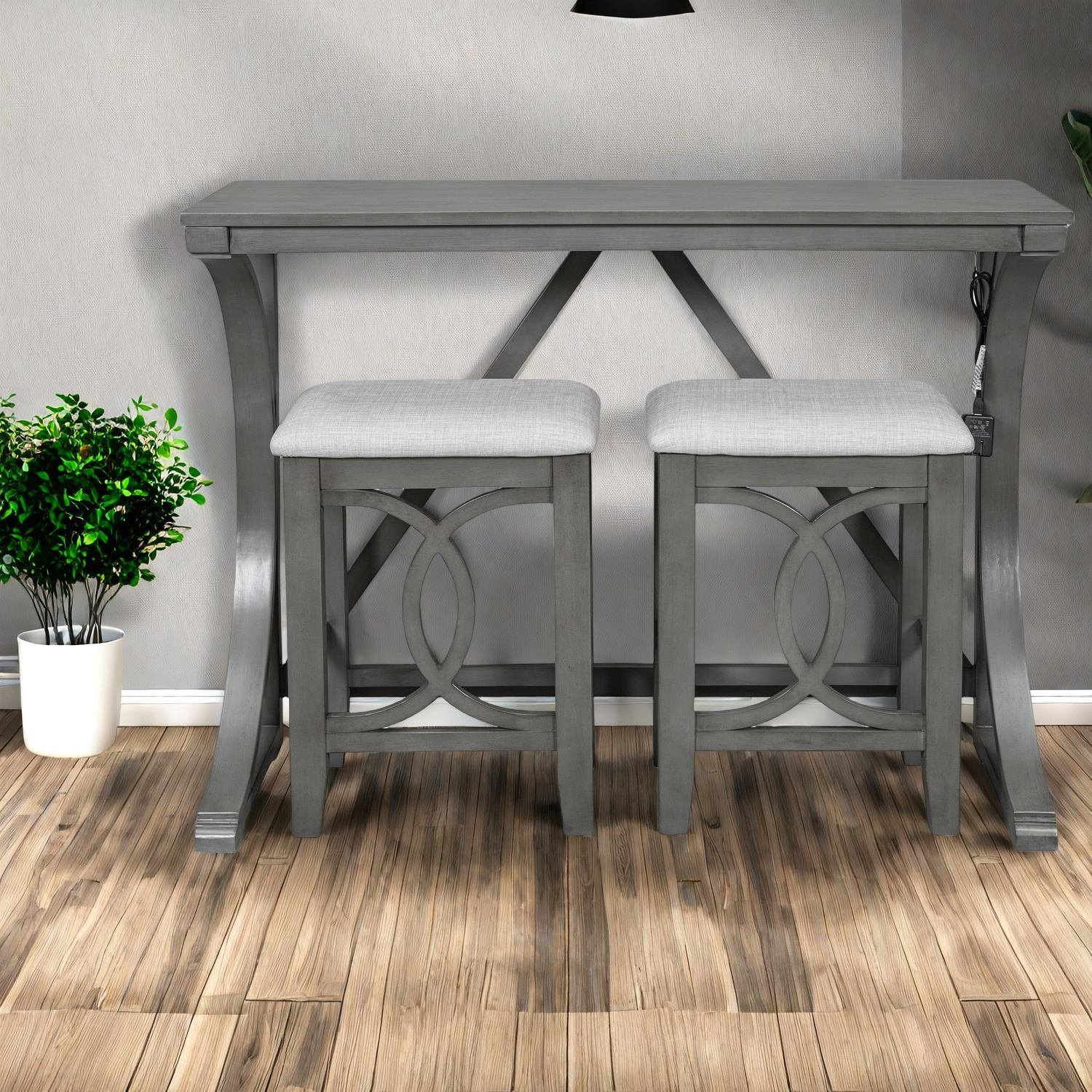 August Grove® Farmhouse Counter Height Dining Table Set With Usb, Solid ...