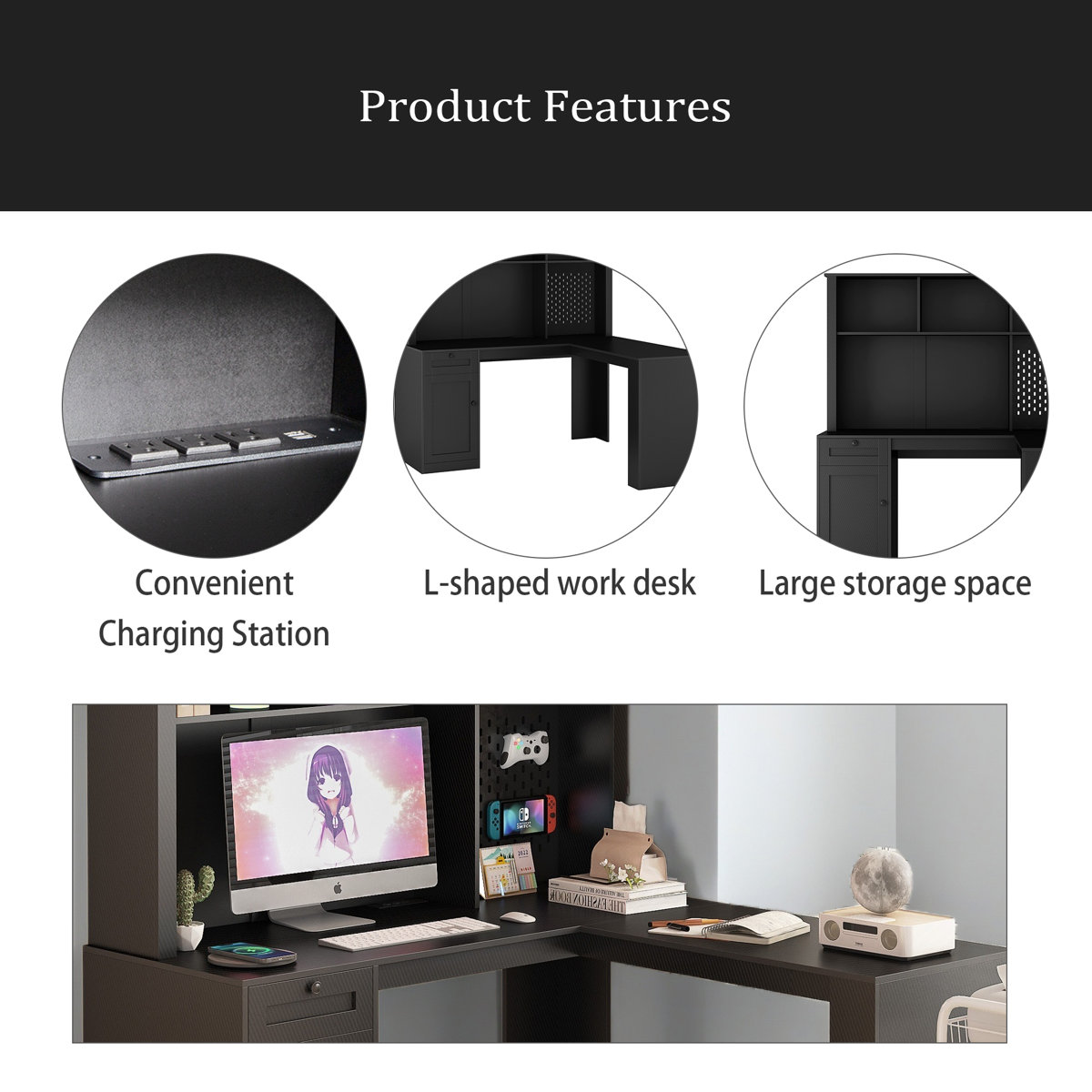 Latitude Run® L Shaped Desk With Outlet, Computer Desk With Drawers ...