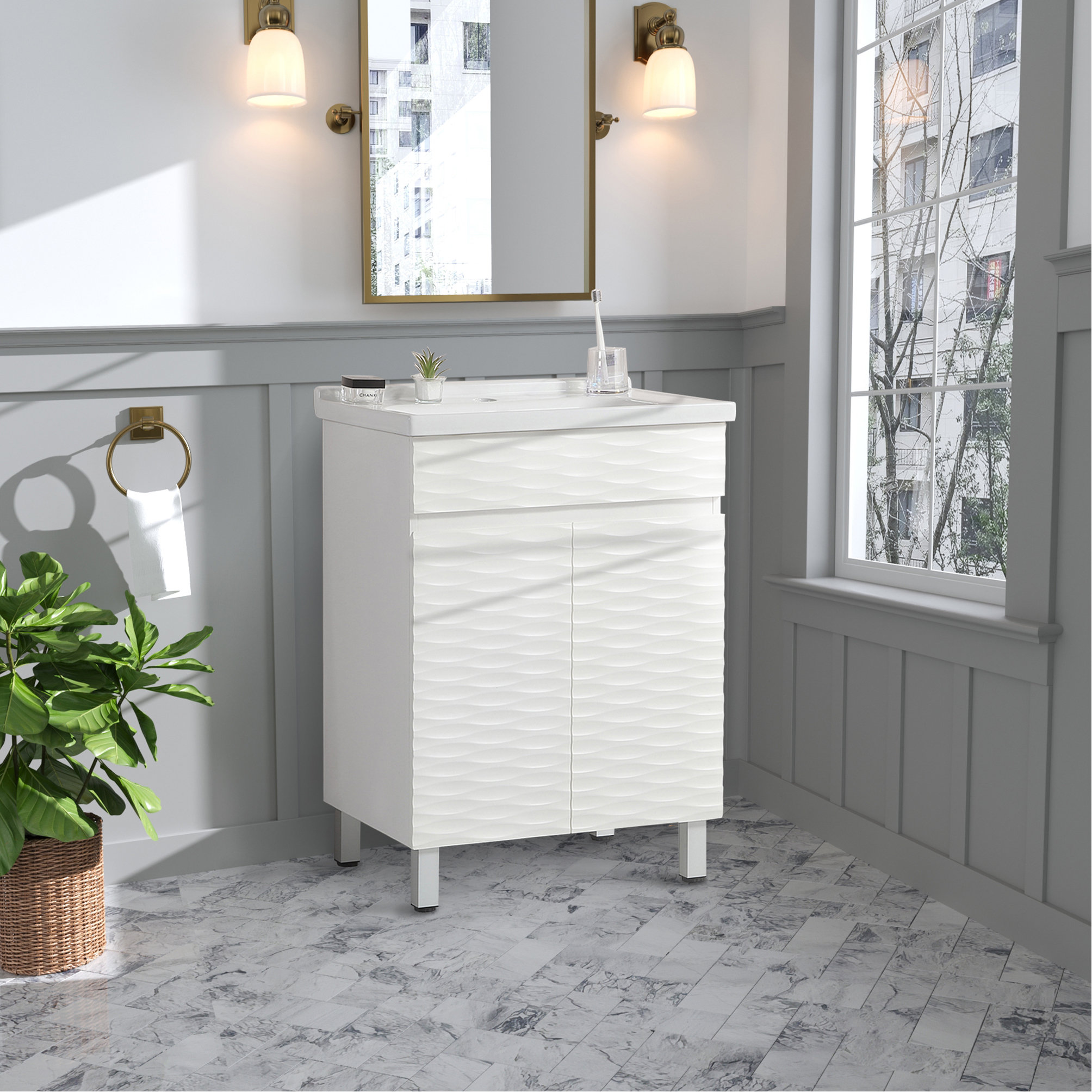 Ebern Designs Wavy Bathroom Cabinet With Ceramic Sink | Wayfair