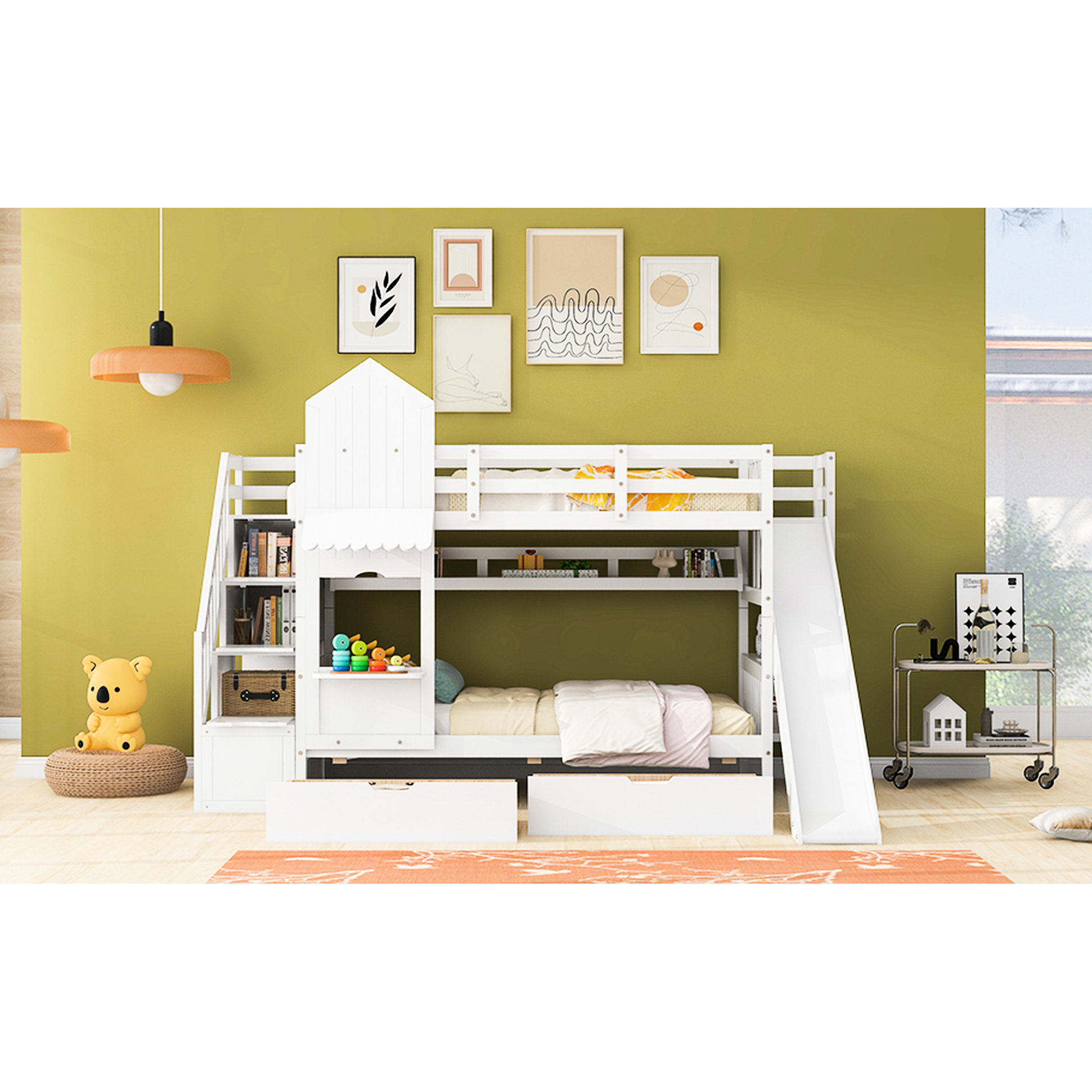 One Allium Way® Style Pink Bunk Bed With Slide, 2 Drawers 3 Shelves ...