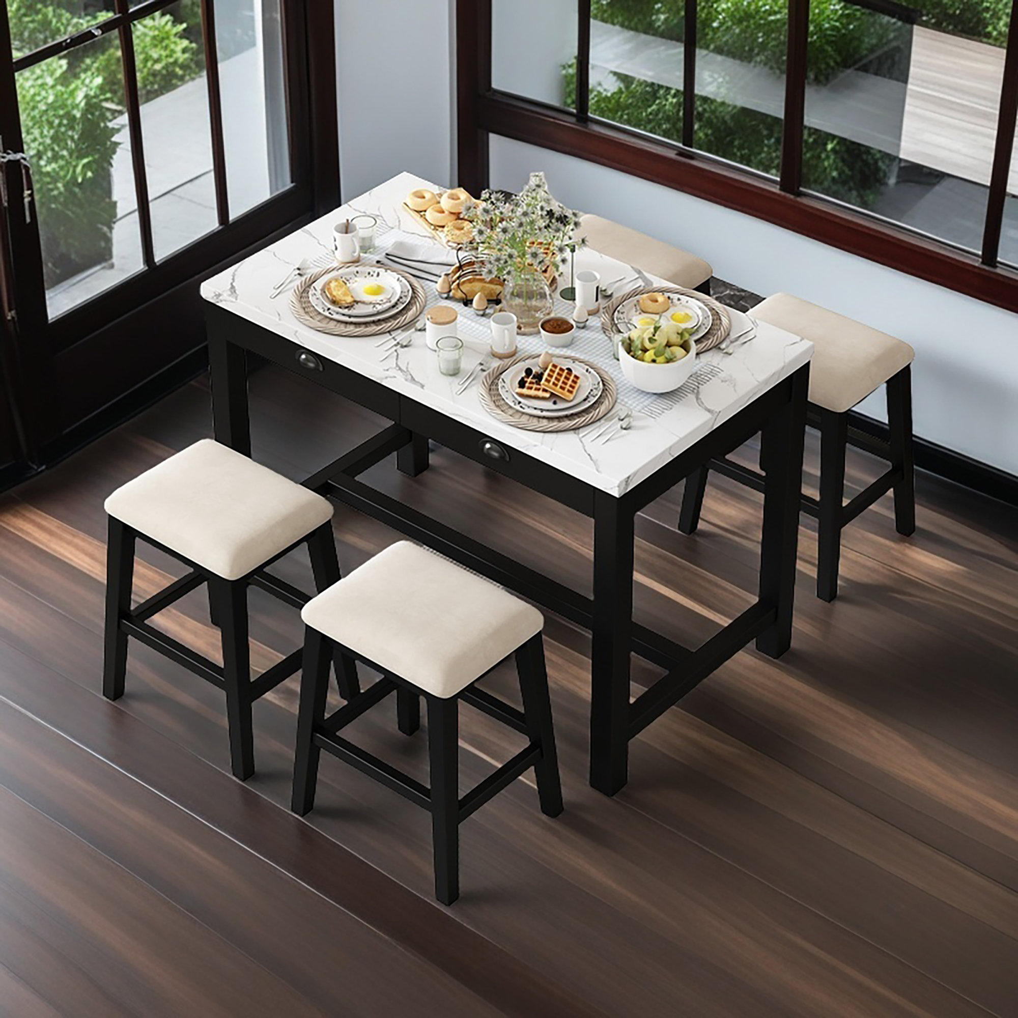 Lark Manor 5-Piece Modern Faux Marble Versatile Bar Table Set With ...