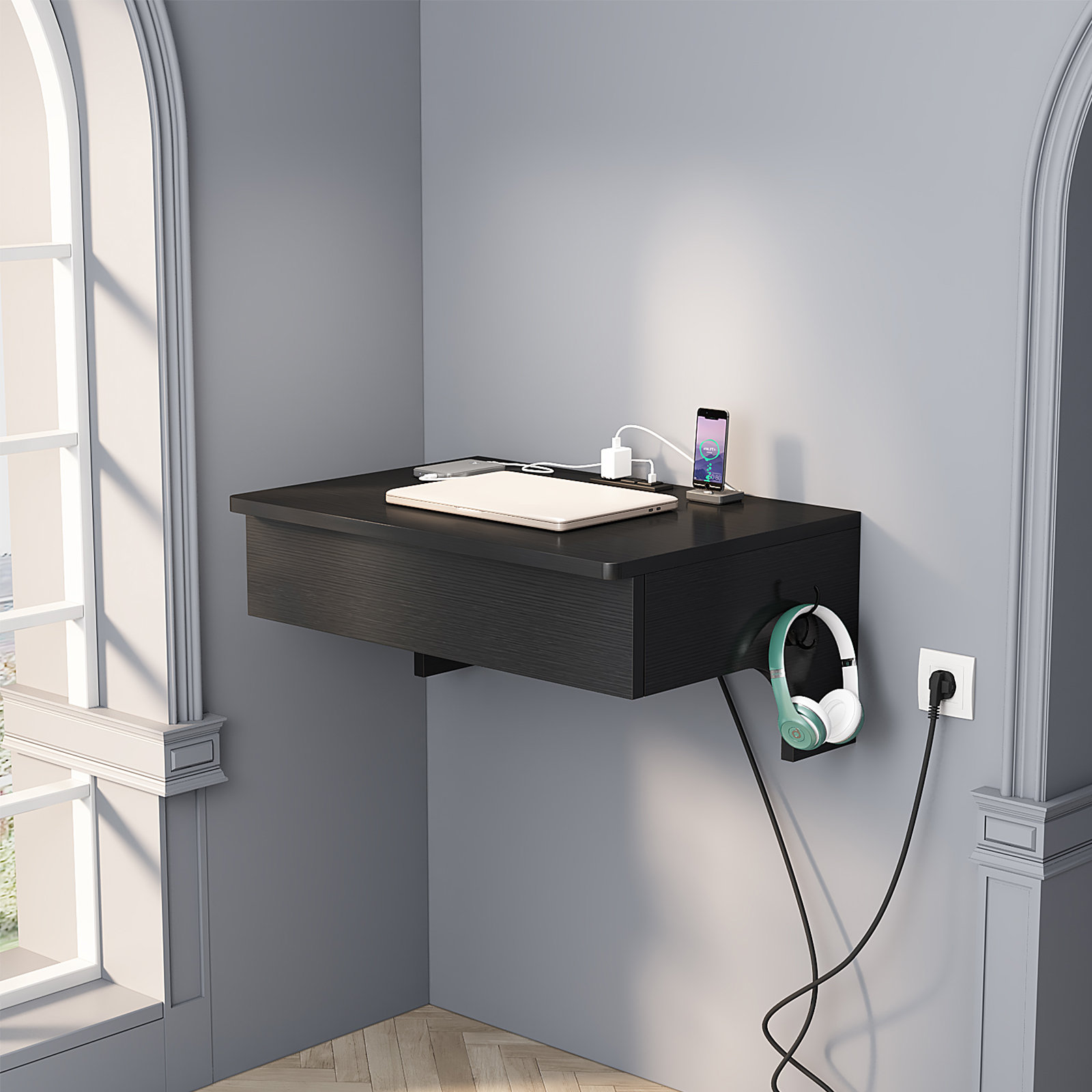 Ebern Designs Wall Mounted Laptop Desk with Charging Station,Floating ...