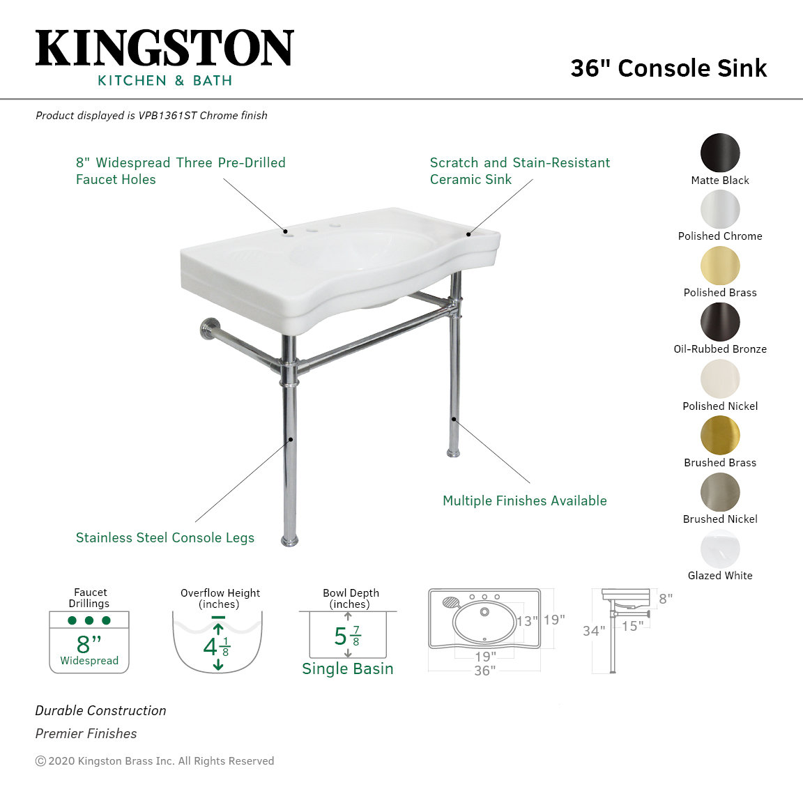 Kingston Brass Imperial Ceramic 36" Console Bathroom Sink with Overflow ...