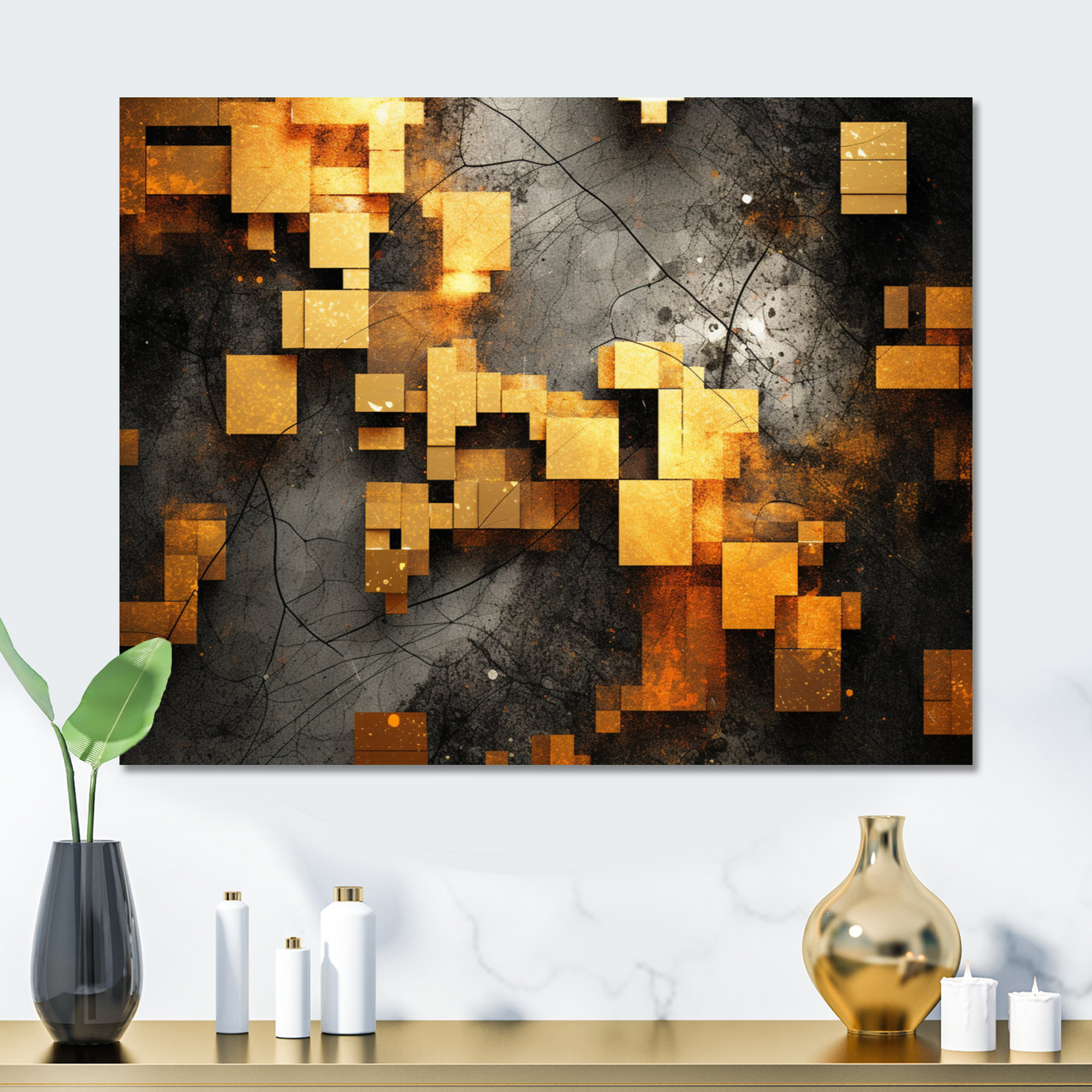 Ebern Designs Gold And Black Cubist Visions V - Cubism Metal Wall Art ...