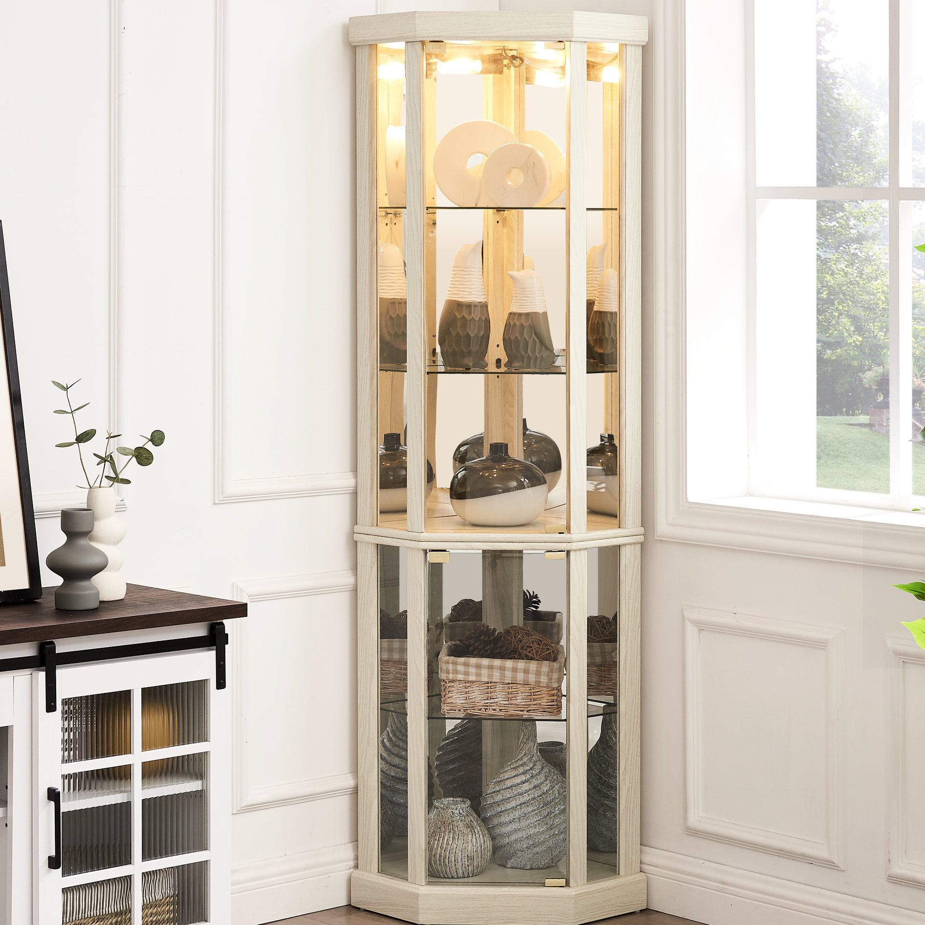 Lark Manor Corner Display Case, Antique White, Lighted, Glass Doors ...