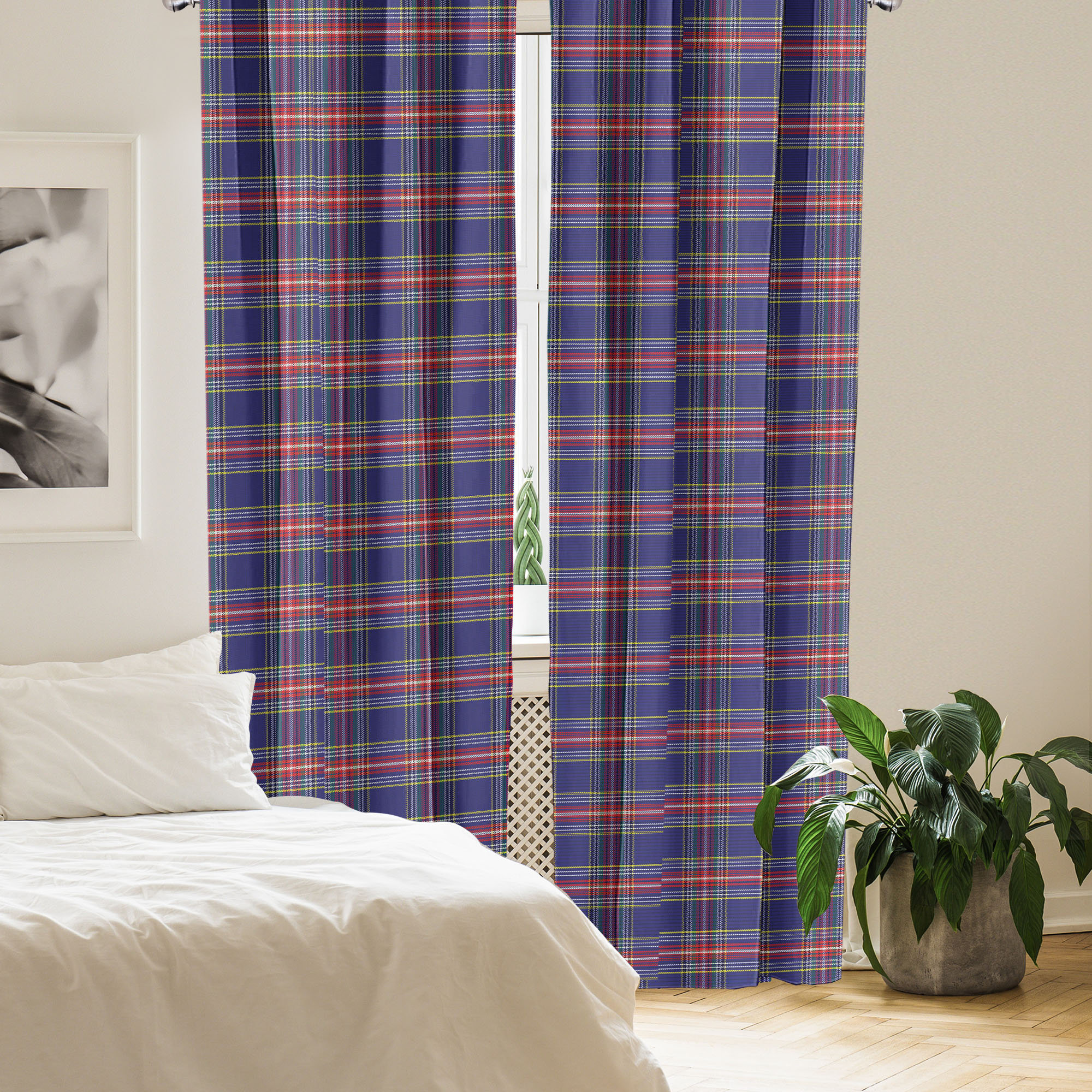 Gracie Oaks Plaid 4-Panel Curtains, Scottish Country Style Indigo ...