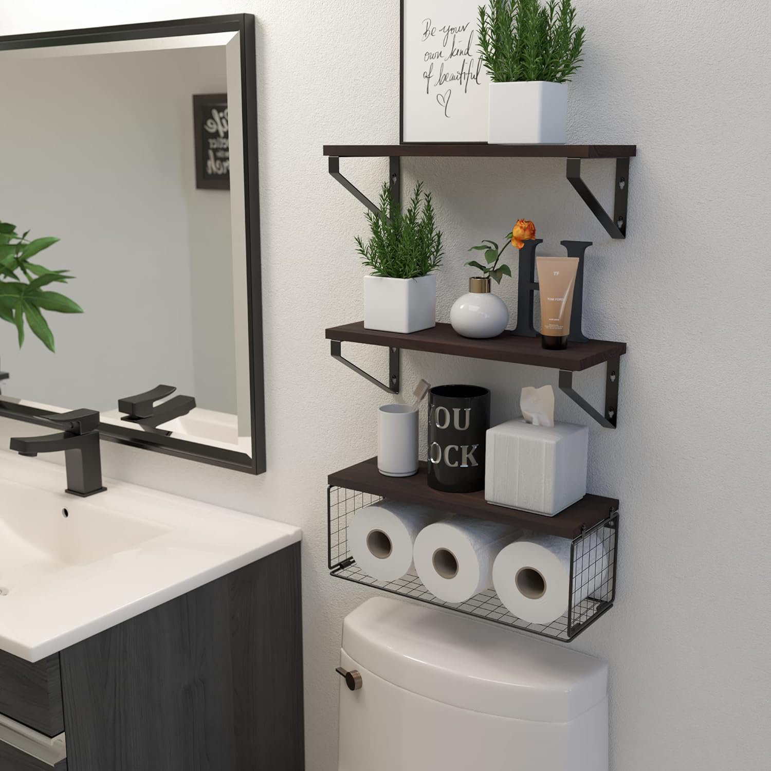 Latitude Run® Floating Shelves for Bathroom with Basket Set of 3 ...