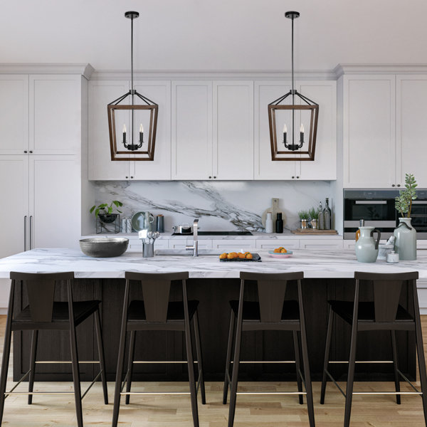 Gracie Oaks Archita 4-Light Matte Black Pendant With Faux Wood Accent ...